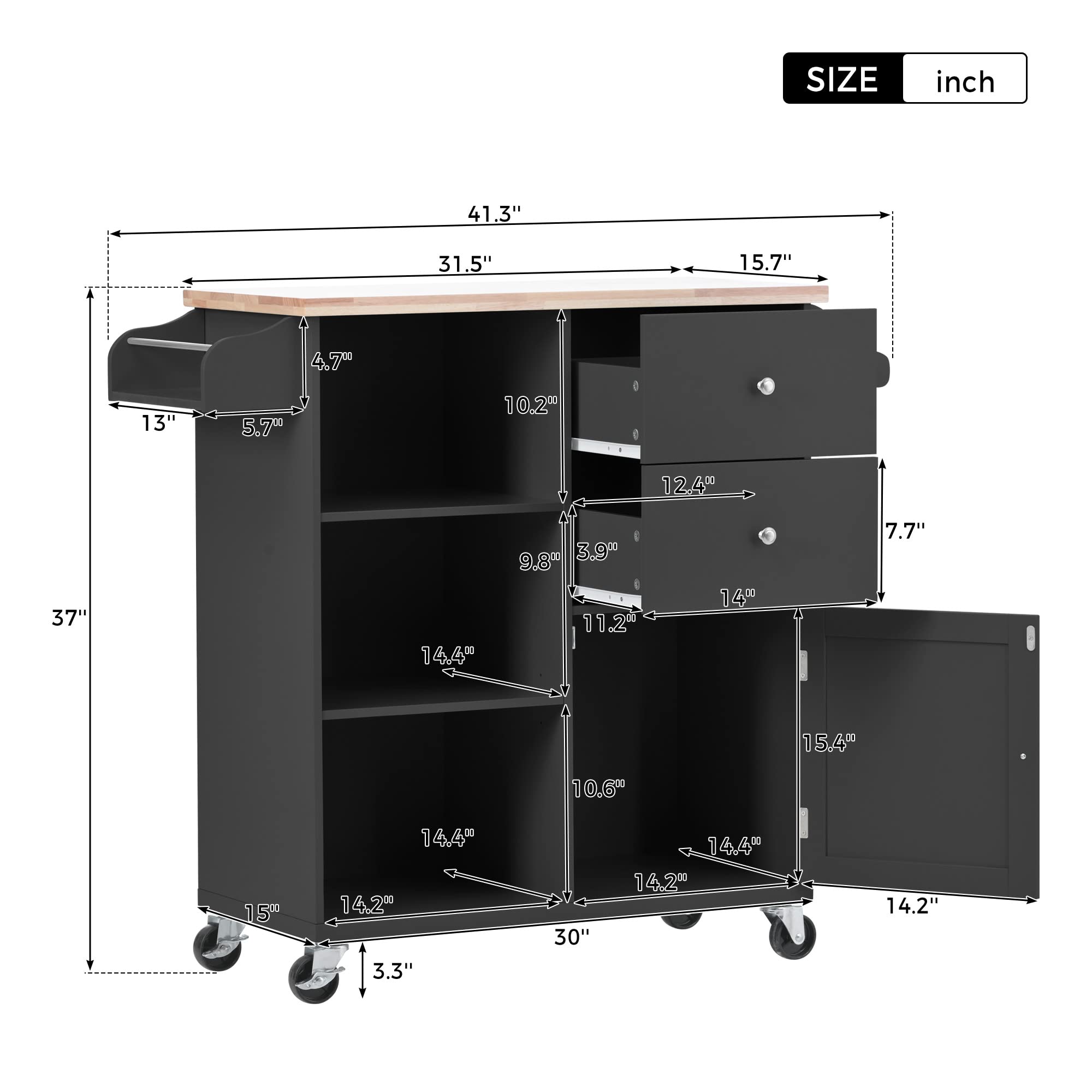 Mobile Kitchen Cart,Sideboard on 4 Wheels with 2 Drawers and 3 Open Shelves,Kitchen Island with Rubber Wood top,Storage Cabinet,Drawer, Spice Rack, Towel Rack, Kitchen Cart for Kitchen (Black)