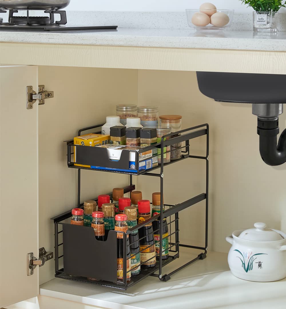 TidyEasy Under Sink Organizer 2-Tier,L-Shaped Cabinet Storage shelf with Sliding Drawer,Pull Out Home Organizers for Kitchen Bathroom (Large, Black)