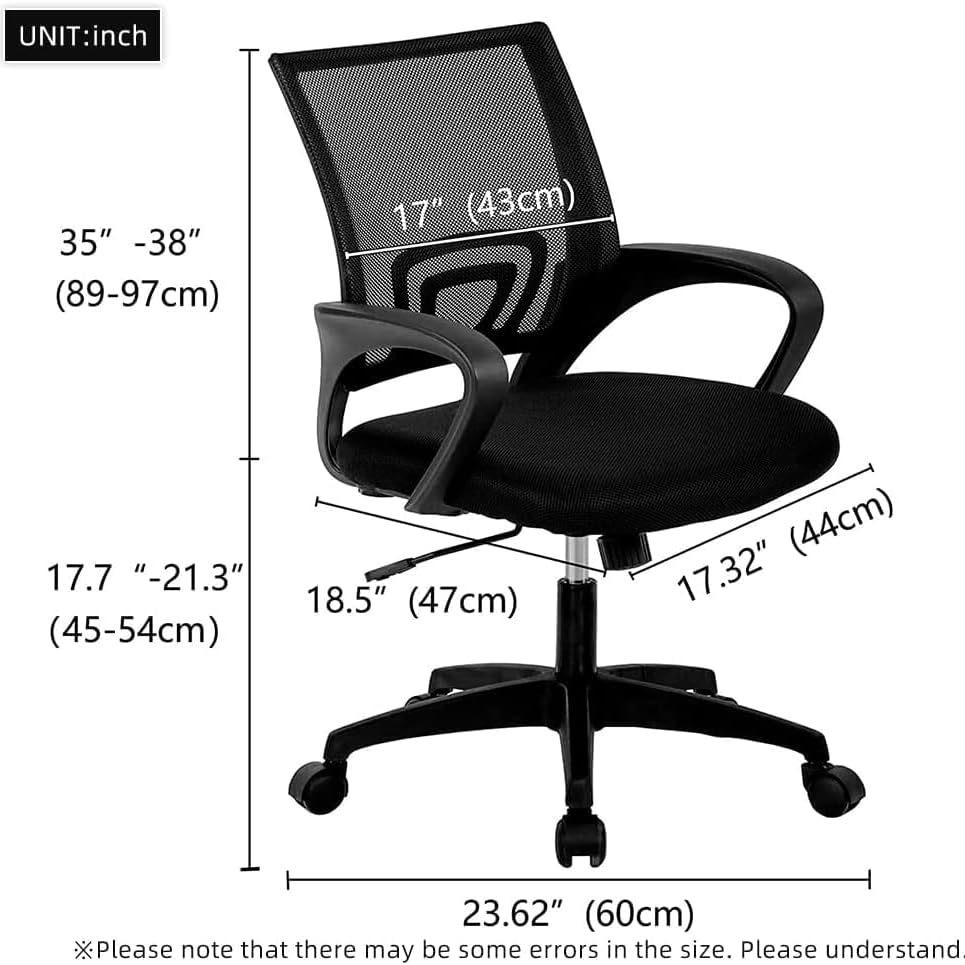 Office Computer Desk Chair, Ergonomic Backrest with Lumbar Support and Wheels, Adjustable Swivel Rolling Home Seat (Black)