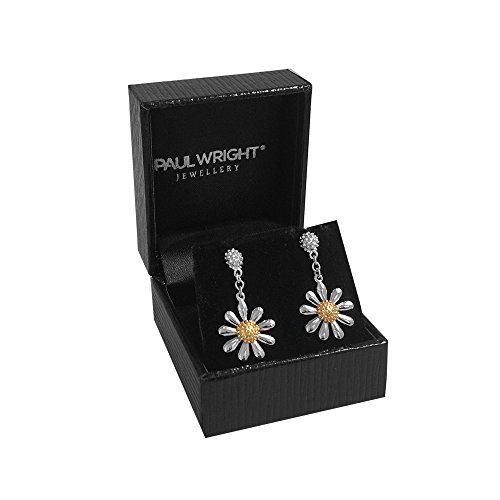 Paul Wright 925 Silver Daisy Dangle Earrings, 13mm Daisies with 18ct Gold Plated Centres, Length 22mm