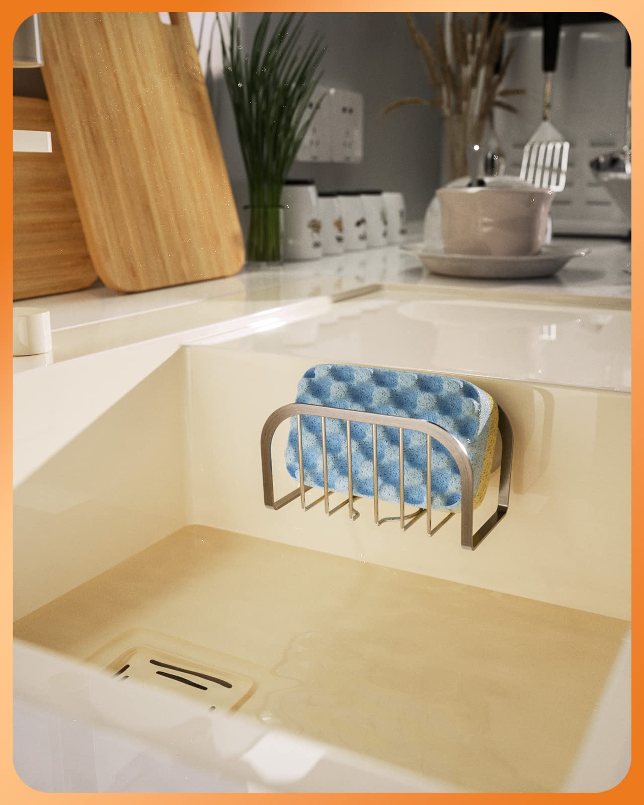 SWTYMIKI Sponge Holder for Kitchen Sink, Movable Sink Sponge Holder with Suction Cups Stainless Steel Sink Caddy Suction Cup for Sponge & Brush, Silver