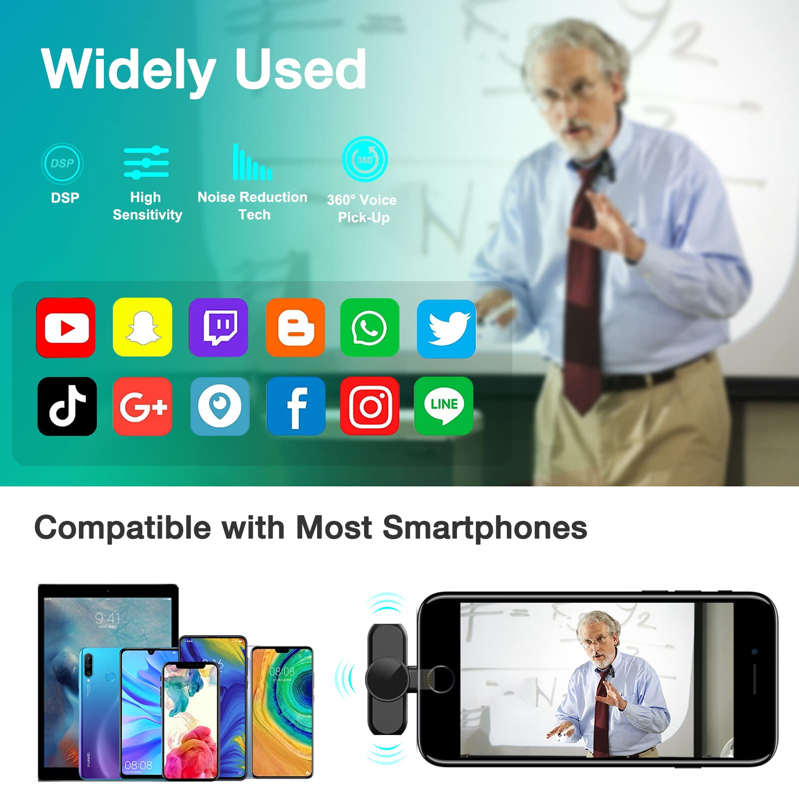 WIMOSO Mic, Wireless Lavalier Microphone for iPhone iPad Android, (2 Mics with 2 Receivers), Plug-Play Wireless Clip Mic for Facebook, YouTube, Vlog, TikTok ect Video Recording, and Noise Reduction