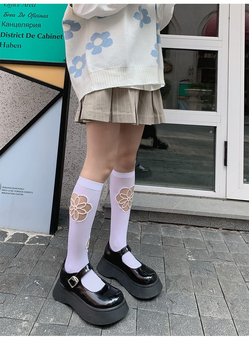 Sahabowi White Pearl Flower Handcraft Calf Socks For Women, Nylon Silk High Knee Stockings, Elastic Stretch Thin(HS2023042407white, 1pair)