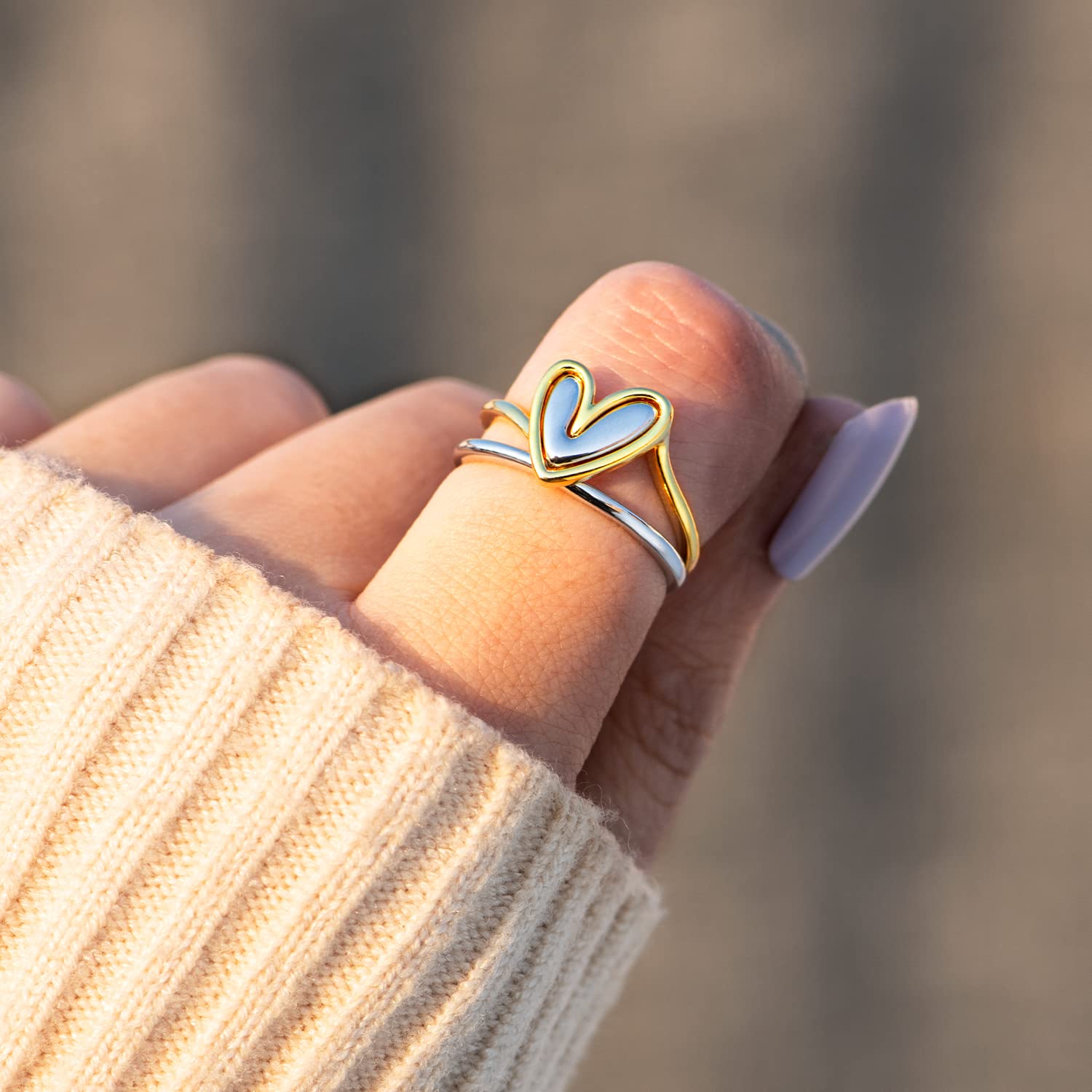 Story Jewellery Gold Silver Plated Sterling Silver Heart Layered Ring Set for Women, Dainty Self Love Layered Heart Stackable Rings for Women, Gemstone, No Gemstone