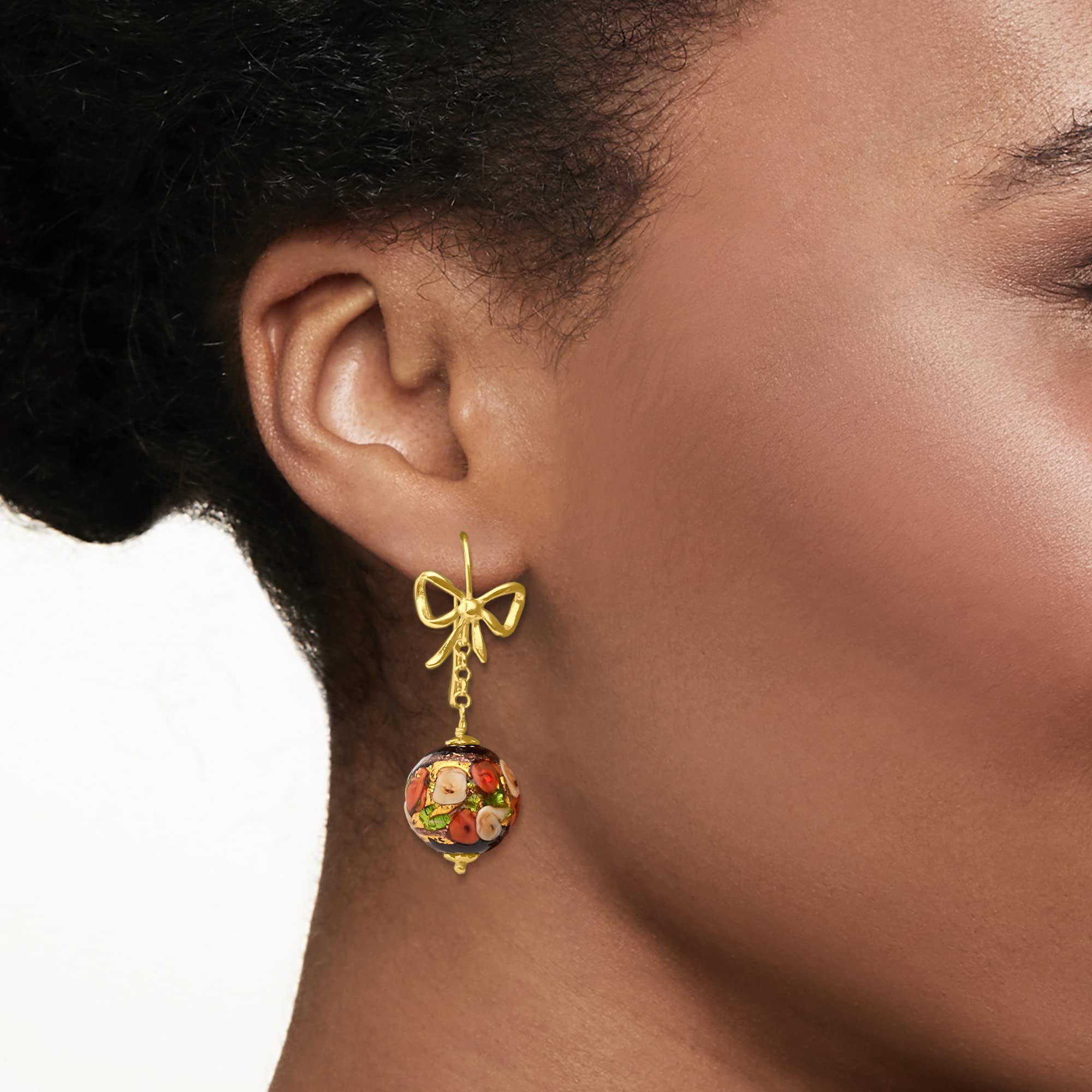 Ross-Simons Italian Multicolored Murano Glass Bead and Bow Drop Earrings in 14kt Gold Over Sterling