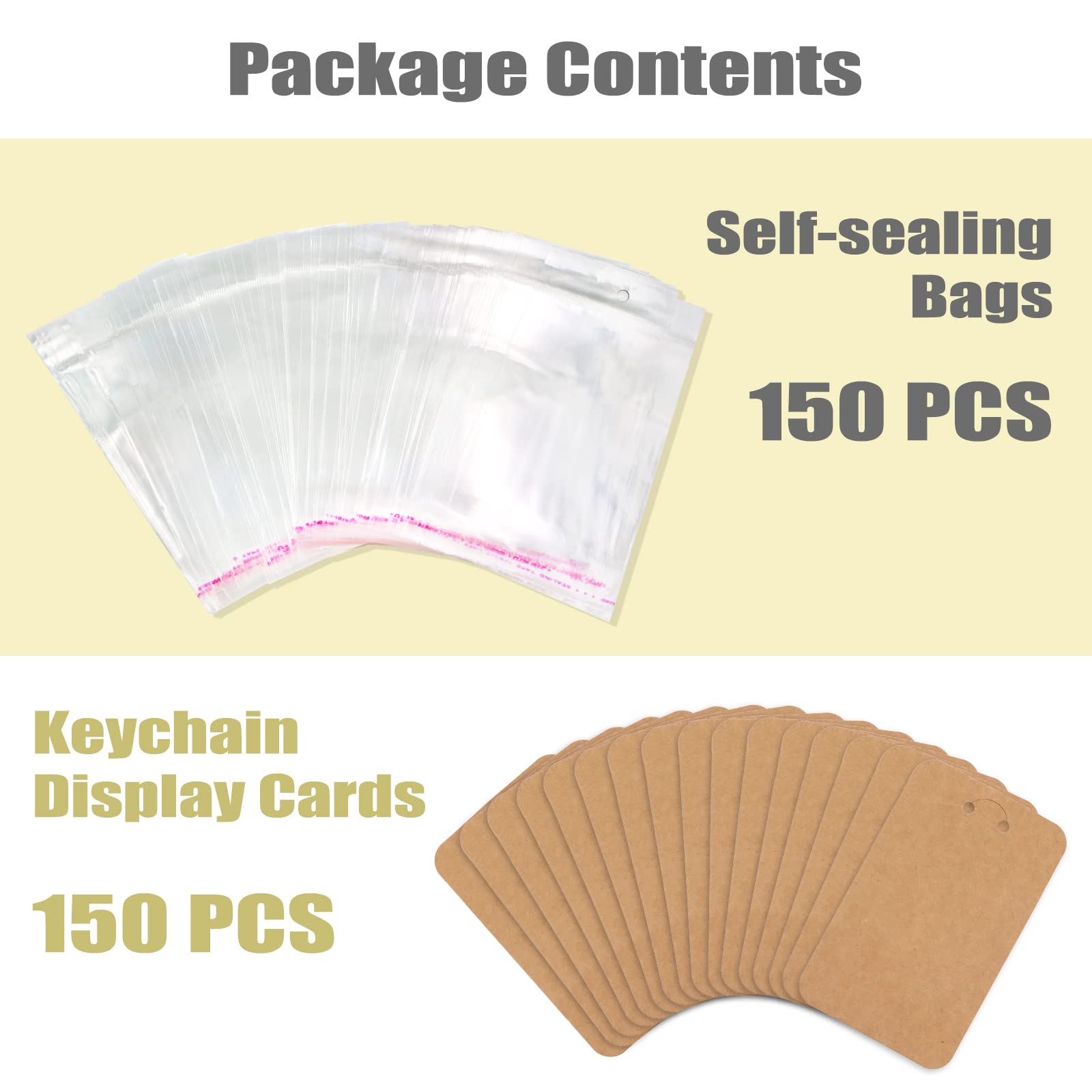 ZYNERY 150 PCS Keychain Display Cards, 3 x 4.7 Inch Keychain Holder with Self-Sealing Bags, Card Display Rack for Displaying Keyring Jewelry Bulk Keychains Packaging Supplies (Kraft)