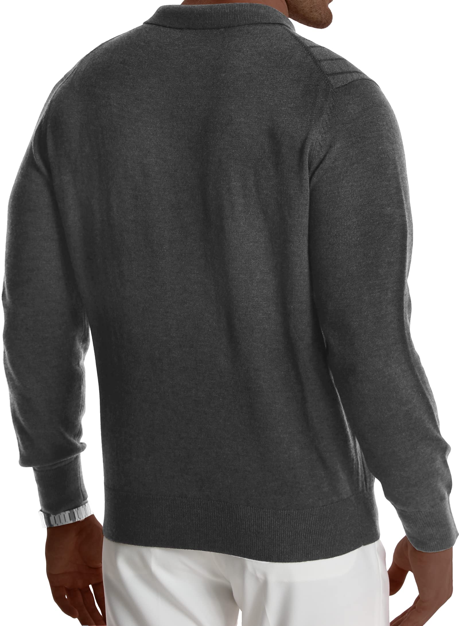 SPIEZ Merino Wool Mens Polo Shirts Collar Pullover Knitted Sweater for Men Vintage Long Sleeve Bowling Shirt Comfortable Fit Dark Grey Large