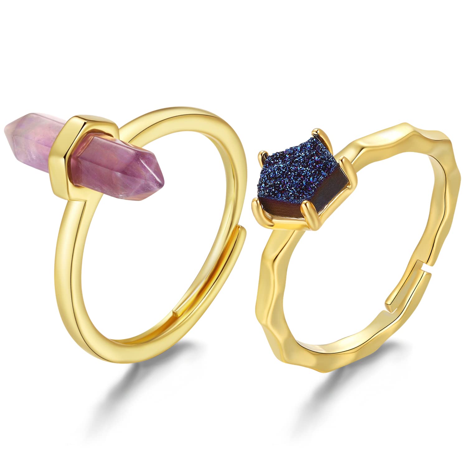 VIENNOIS 2 PCS Amethyst Natural Healing Crystal Ring for Women,Adjustable Open Healing Stones Gemstone Birthstone Jewelry Rings For Develop Intelligence Enhance Memory