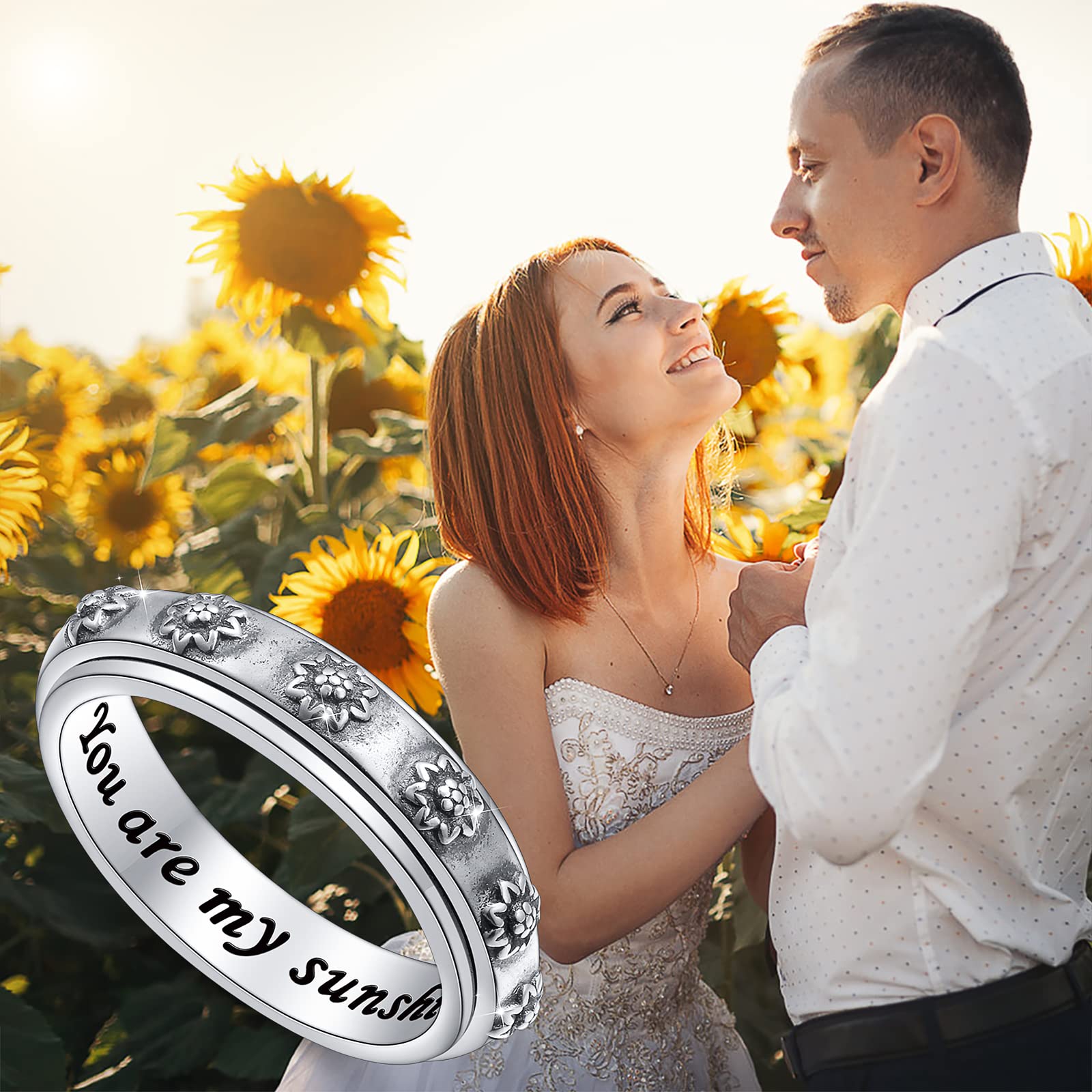 Spinner Ring Fidget Ring for Anxiety Sunflower Sterling Silver Stress Relieving ADHD Rings Women/Daughter Jewelry Gift Size 9