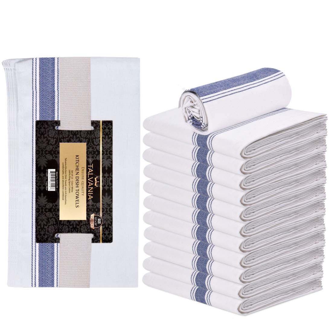 TALVANIA Kitchen Dish Towels 100% Cotton White Flour Sack Tea Cloth with Blue Herringbone Stripe, Pack of 12 Perfect Classic Dish Towel 15” x 25” Dishcloths for Bars Kitchens Counters etc.