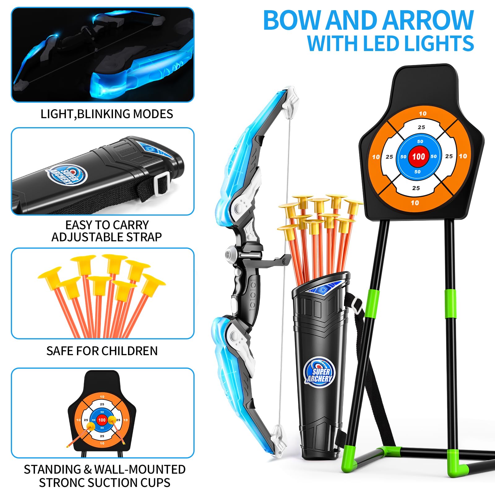 TEMI 2 Pack Archery Set - Includes 2 Bows, 20 Suction Cup Arrows & 2 Quivers & Standing Target, Outdoor Light Up Toys for Kids Boys Girls