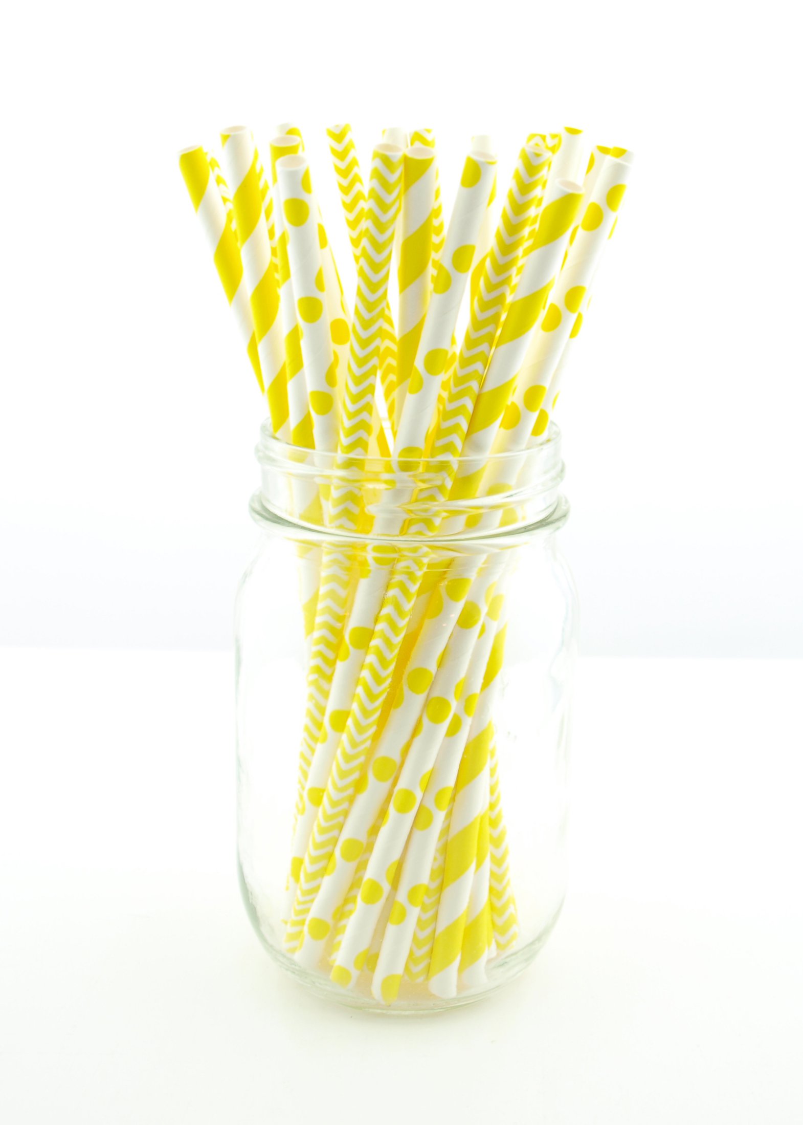 Yellow Wedding Straws, Wholesale Paper Straws, Summer BBQ Party Supplies, Lemonade Drinking Straws (75 Pack) - Yellow Striped, Polka Dot & Chevron Straws