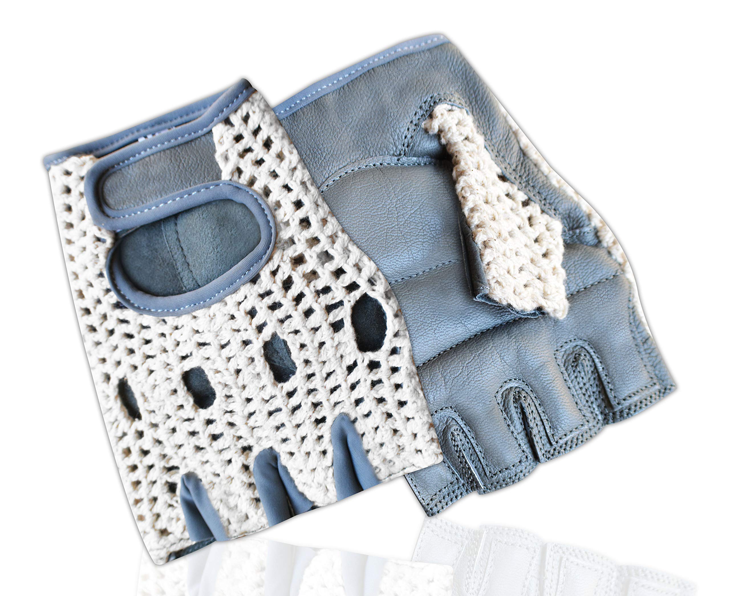 Prime Sports Leather Crochet Fingerless Driving Weight Training Cycling Wheelchair Biker Gloves (Grey/White 1037, Medium)
