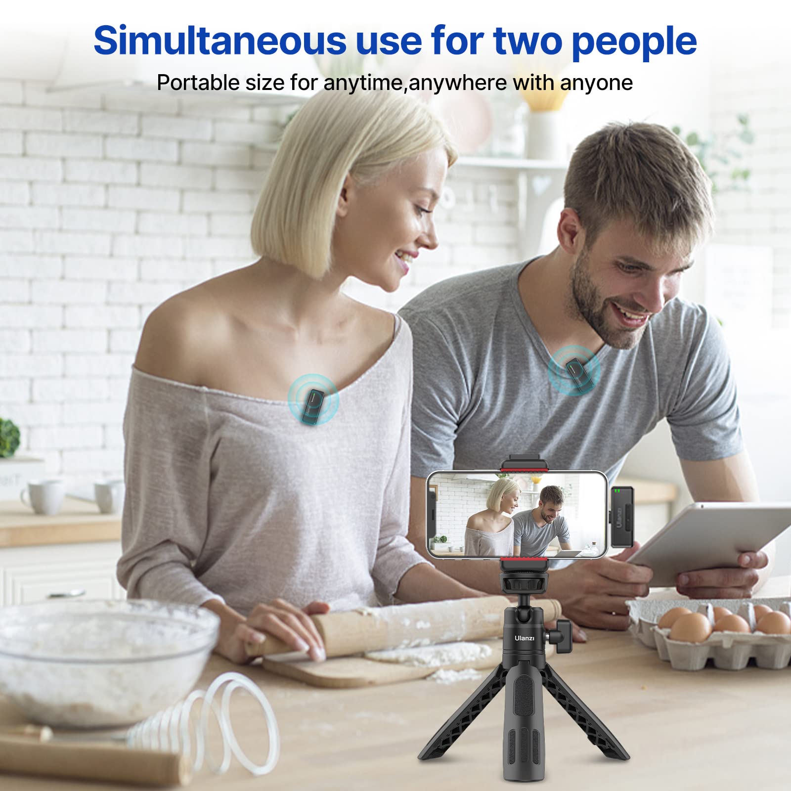 ULANZI Wireless Lavalier Microphone for iPhone iPad, 2-in-1 2.4GHz Clip on Lapel Microphone Mini Mic 100m Transmission with Charging Case for Video Recording Vlogging, Interview for iPhone 14/13/12