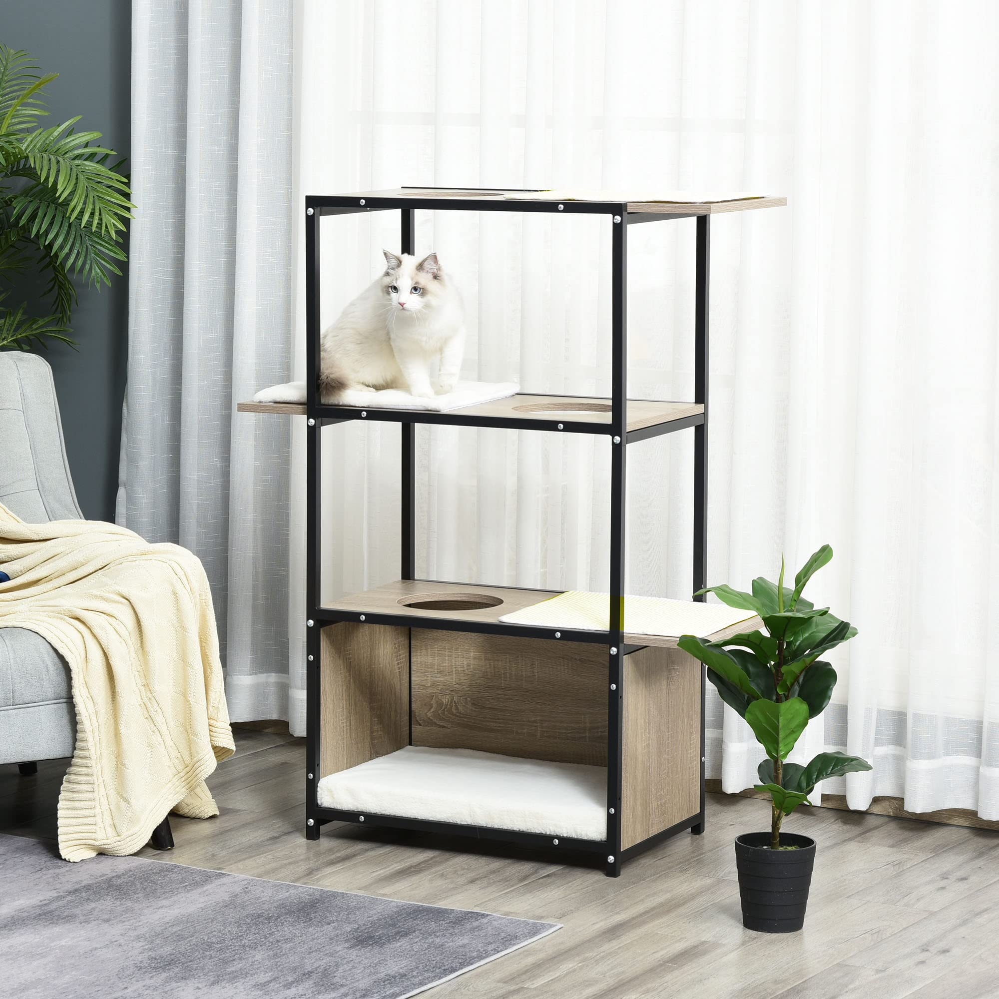 PawHut 48" H Cat House Cat Activity Tower Shelf Furniture with 3 Climbing Platforms, 1 Condo, Scratch Pad and Removable Cushions, Grey/Black