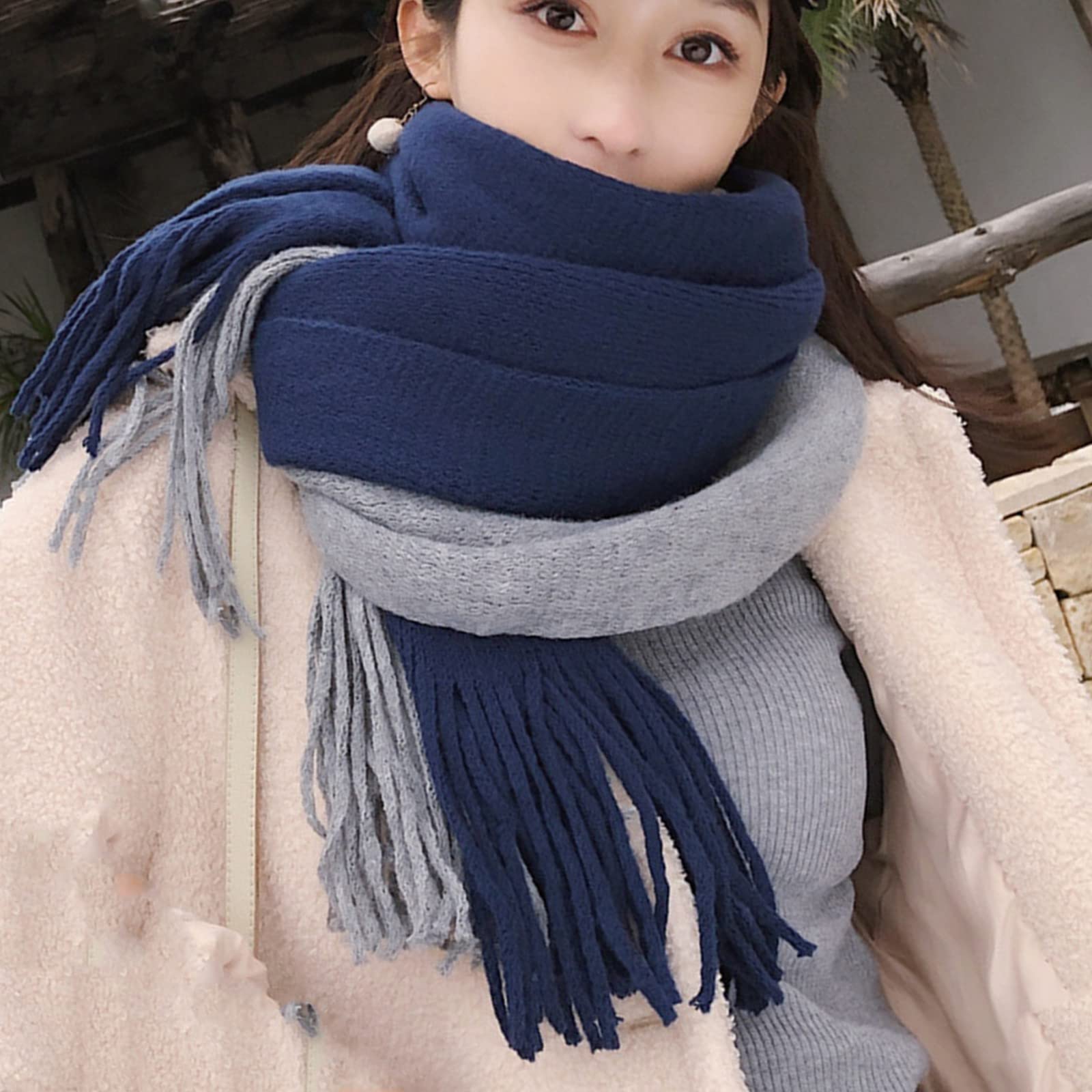 Women Winter Warm Scarf Tassel Soft Wrap Winter Thermal Long Shawl (Blue, One Size)