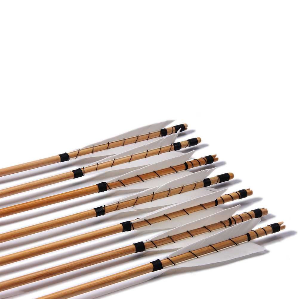 PG1ARCHERY Archery Hunting Arrows, 12 Pack Traditional Target Wooden Arrow 5" Turkey Feathers Fletching with Vintage Broadheads Tips White