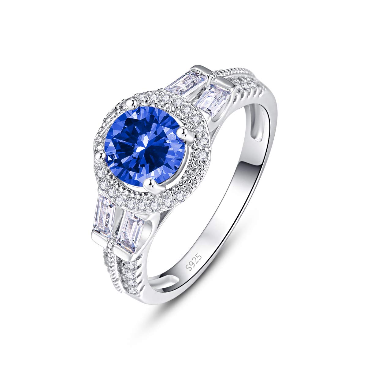 Pakula 925 Sterling Silver Ring Split Shank Band 7x7mm Round Simulated Tanzanite CZ Halo Ring for Women Size 8