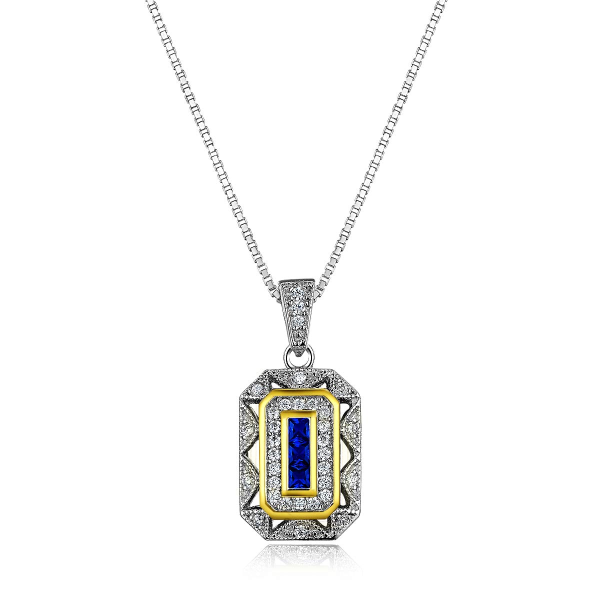 Newshe Women's Created Blue Sapphire White Cz 925 Sterling Silver Gemstone Pendant Chain Necklace 18"