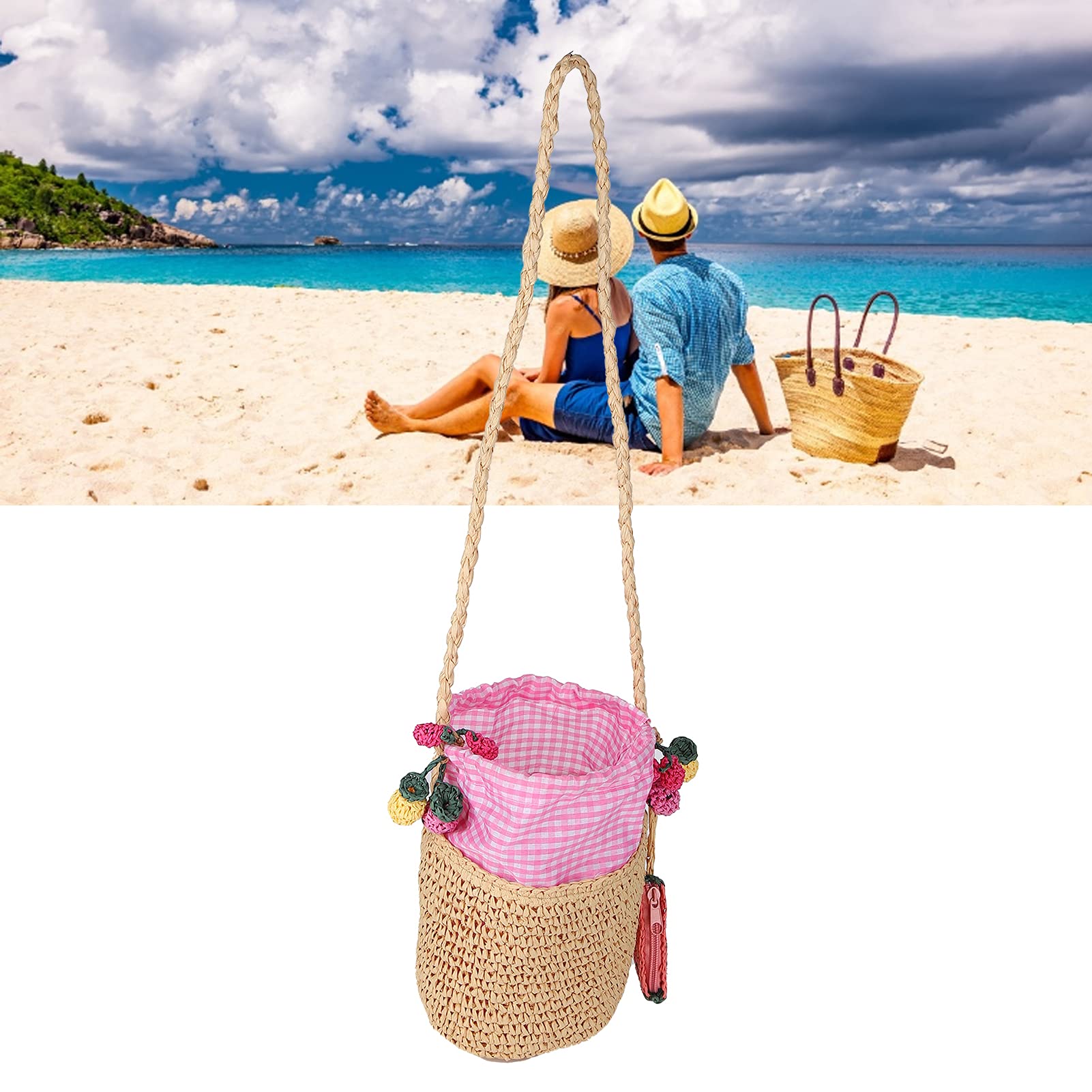 Straw Beach Bags with Small Coin Purse Women Woven Handbag Single Shoulder Cute Tote Decoration Suitable for Summer Seaside Vacation