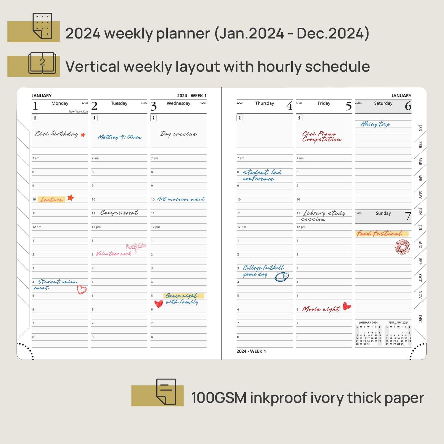 POPRUN 2024 Planner - 2024 Weekly Calendar with Hourly Time Slots, Weekly/Monthly Appointment Book for Time Management - 6.5'' x 8.5''- Leather Soft Cover - Black