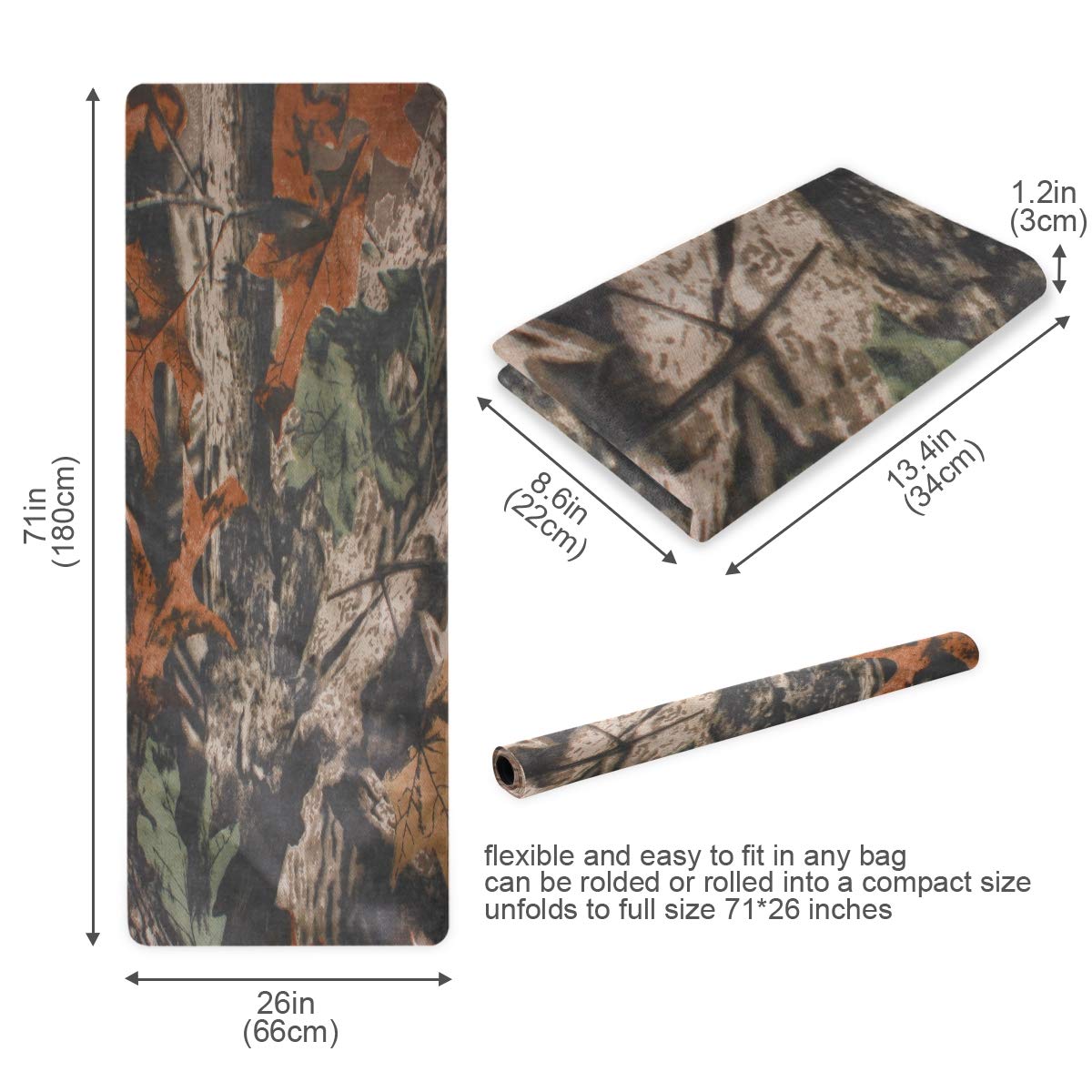 Qilmy Plant Camo Yoga Mat Foldable 1mm Thick Non-Slip Travel Yoga Mat Cover Pad Sweat Absorbent and Soft Lightweight Exercise Workout Mat for Yoga Pilates