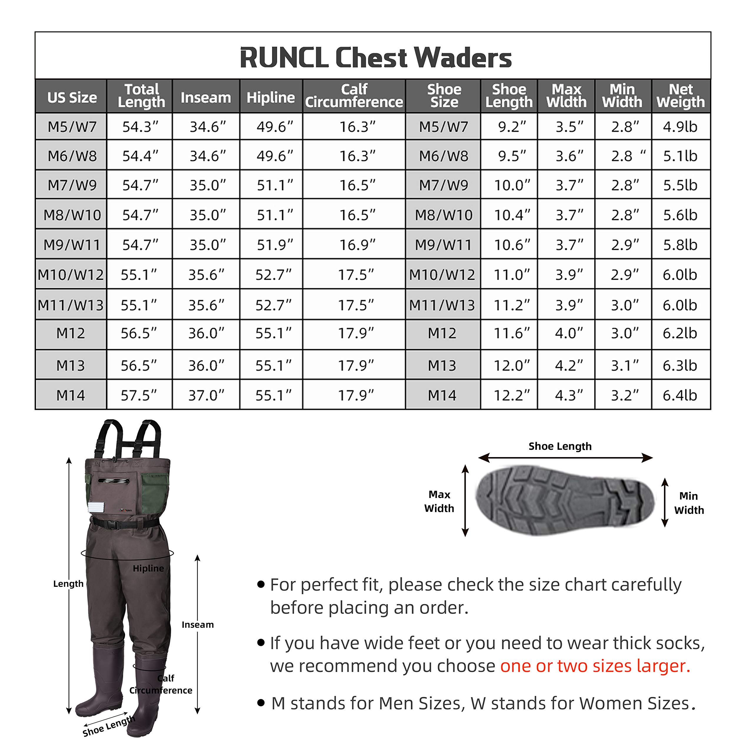 RUNCL Chest Waders with Boots Fishing Waders Waist-High Waders - Updated 400D Nylon Outer Seamless Breathable Tech Ergonomic Design Fly Patch - Wader Fishing Fly Fishing Hunting (Brown,M14)