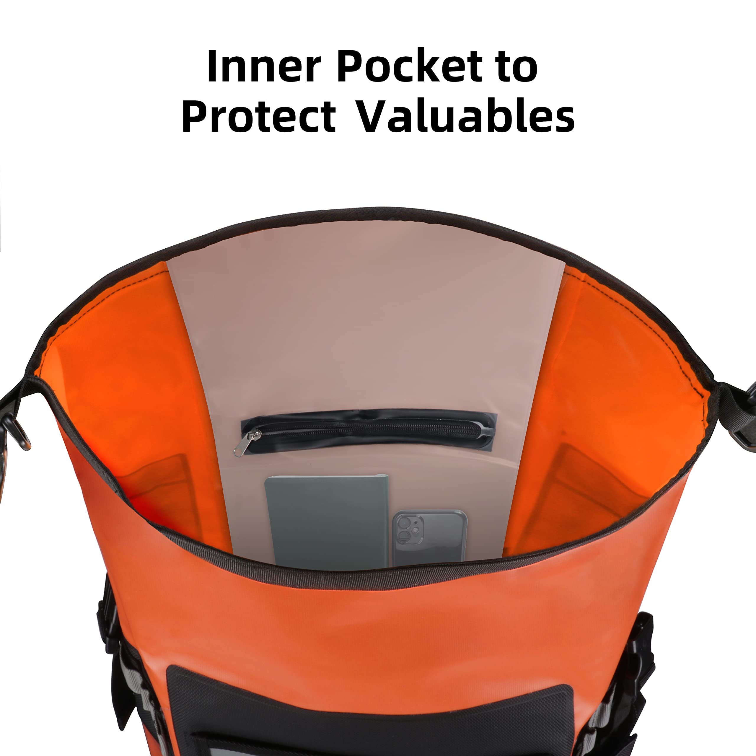 RUNCL Waterproof Backpack, 30/40/55L Roll-Top Closure Dry Bag, with Side Zippered Pocket and Cushioned Padded Back Panel, IPX8 Waterproof Phone Case Included
