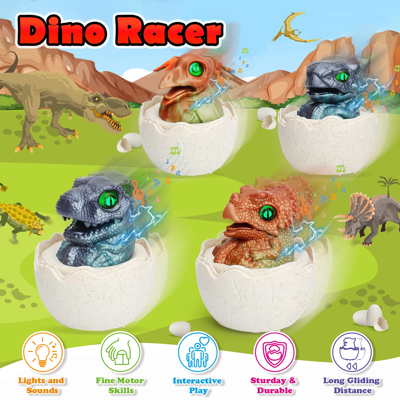 zinat Dinosaur Easter Eggs, 4 Eggs with Dinosaurs Inside, Basket Stuffers, Sound and Light Function - Best Birthday Party Gifts Toys for Kids 3 5 6 7 Year Old