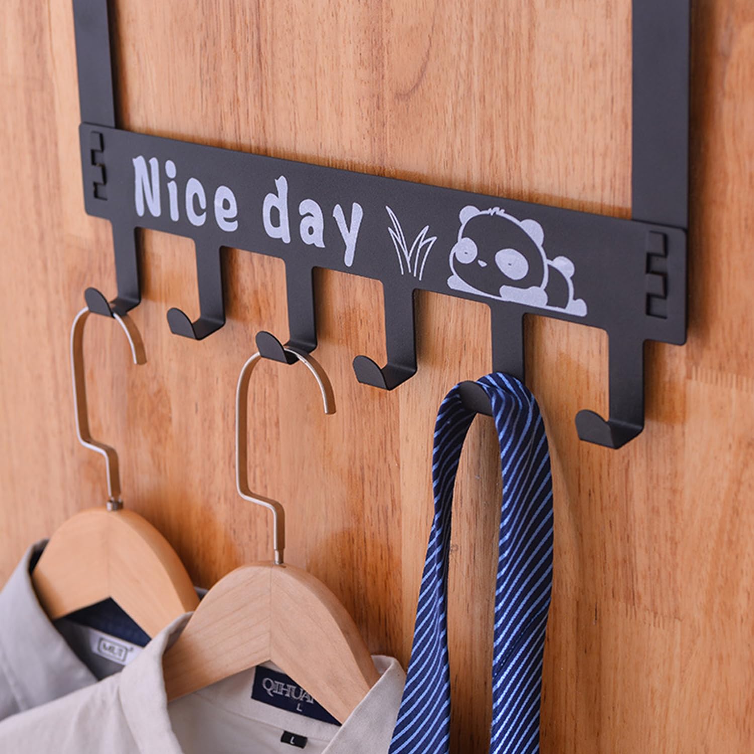 pekox Over The Door Hook with 6 Hooks for Towels, Clothes, and Bathroom Black Door Hanger and Towel Rack, Space Saving Coat Hanger Rack (Black 2)