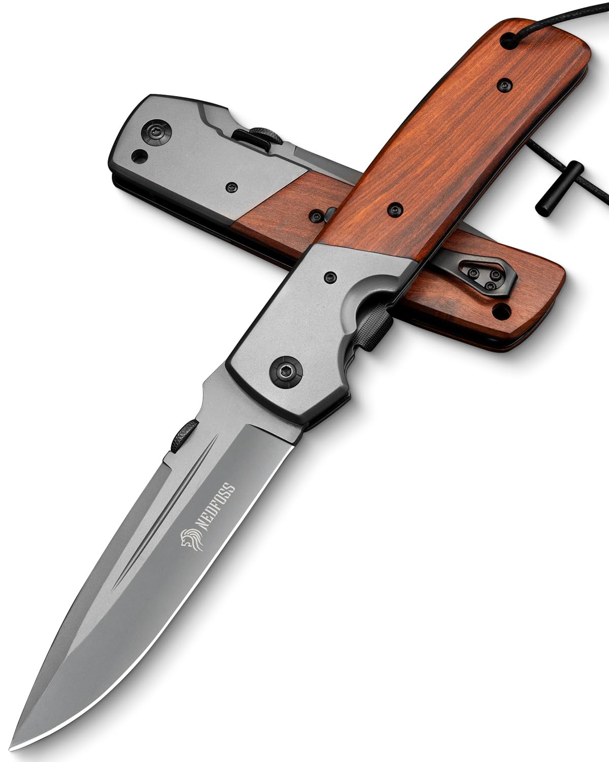 NedFoss DA52 Pocket Knife for Men, 5'' Large Folding Knife, 11'' Survival Knife with Rosewood Handle, Safety Pin, Pocket Clip, Liner Lock