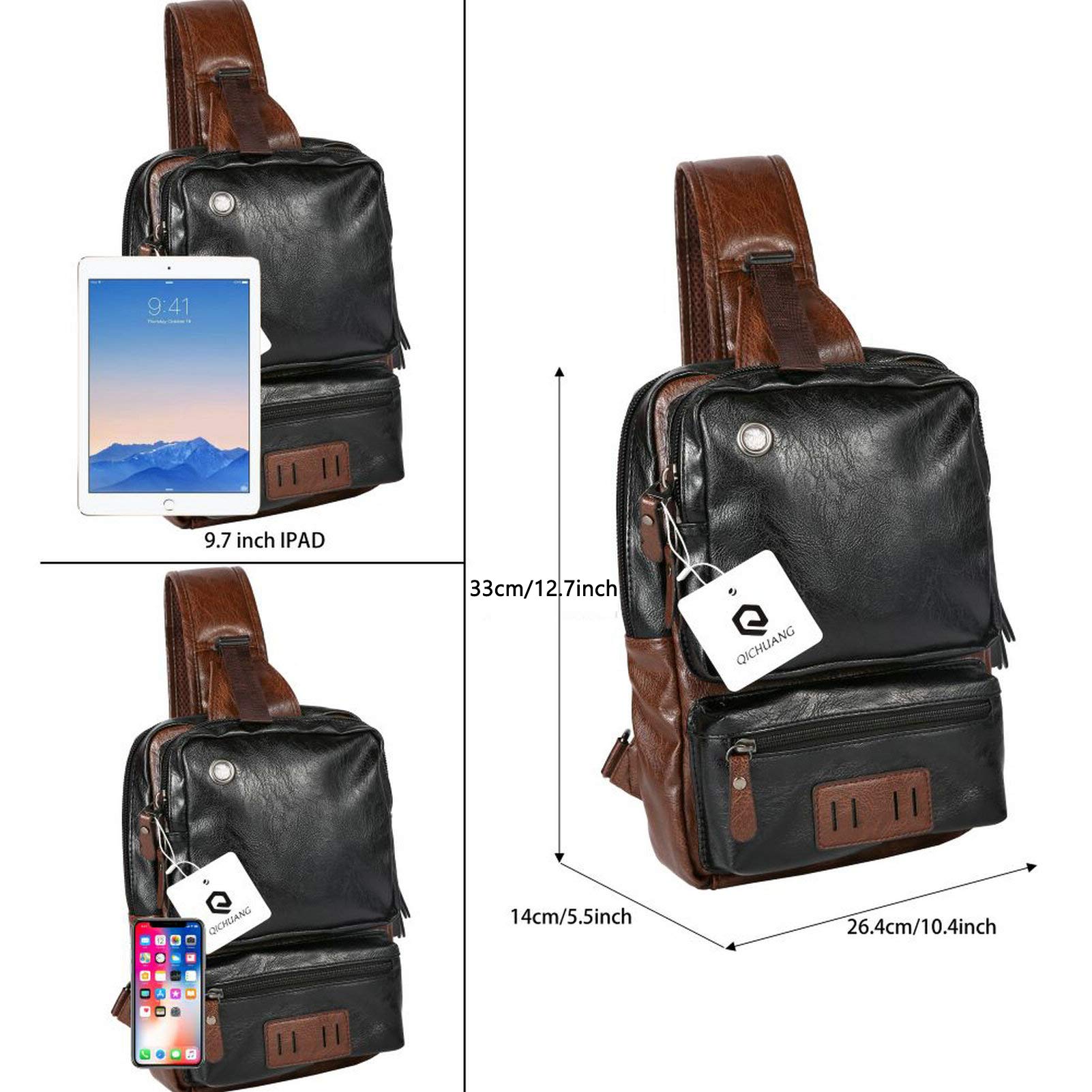 QICHUANG Men Sling Bag PU Leather Unbalance Chest Shoulder Bag with USB Charging Port Gift for Men (black)