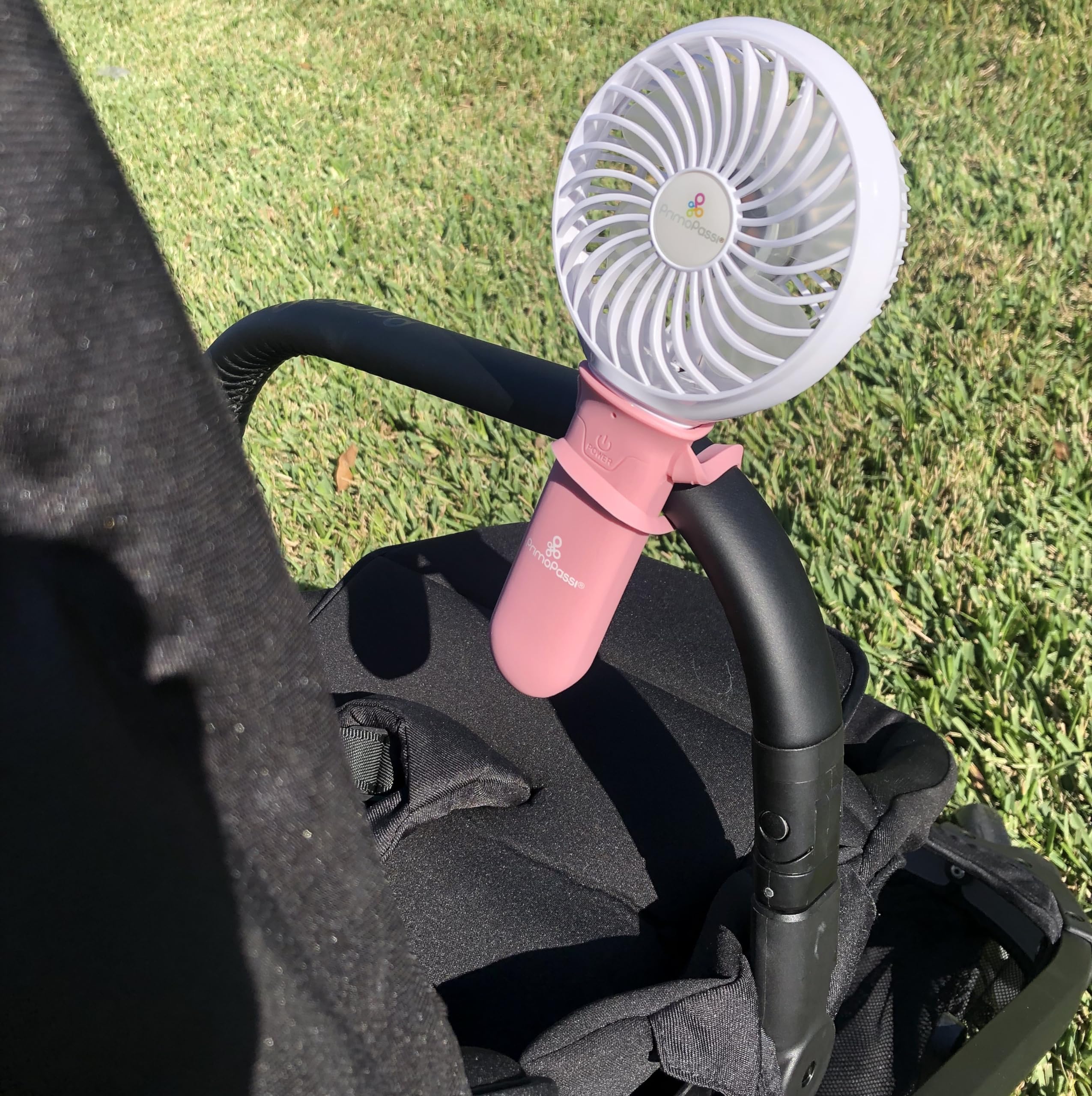 Primo Passi Handheld Fan USB Rechargeable Turbo Portable Stroller Fan, 3 in1 Multi Function Fan, Rechargeable, Led Light and Even Works as a Power Bank. Battery Operated Make up Fan (Pink)