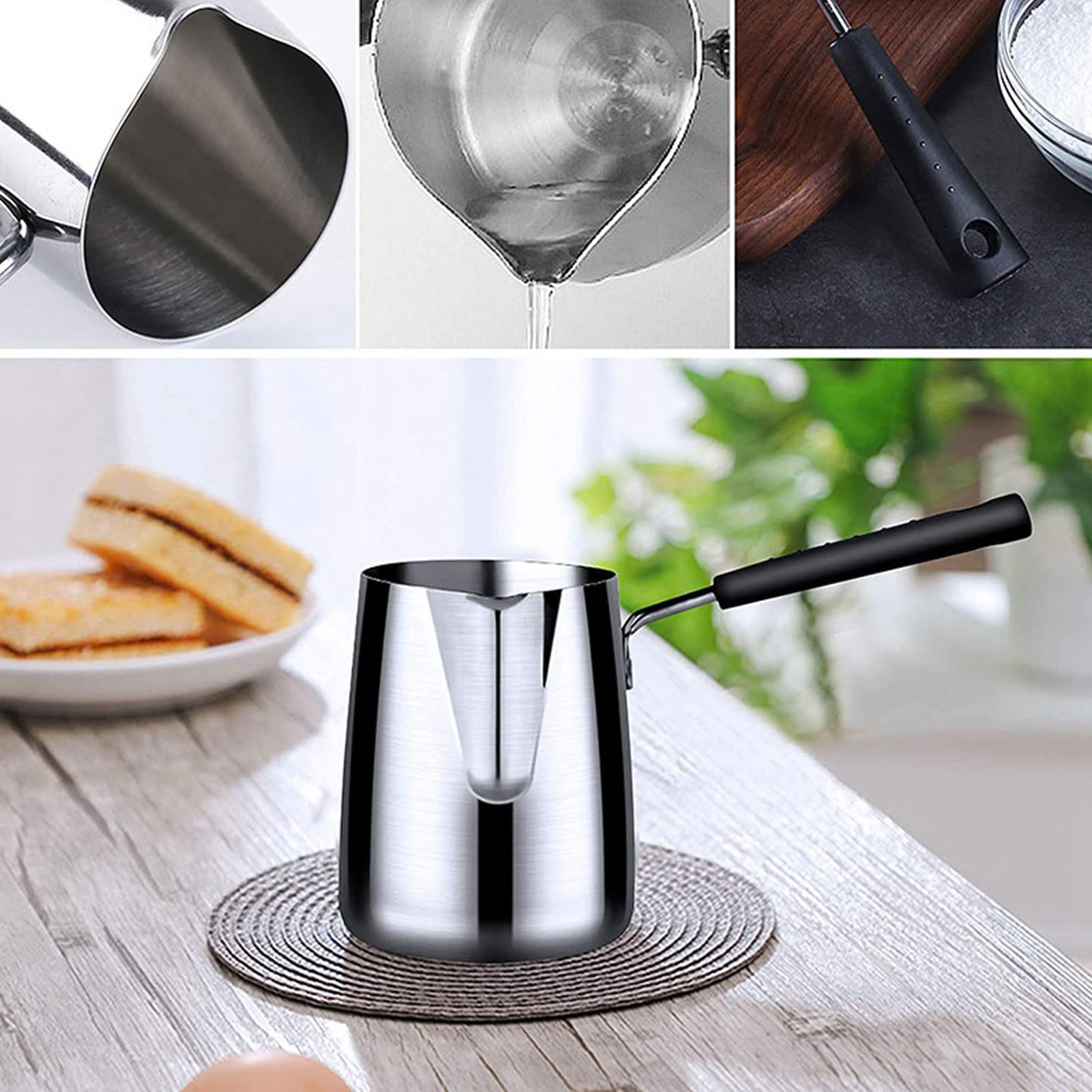 Turkish Coffee Pot, Stainless Steel Butter Milk Warmer Mini Saucepan with Heat Resistant Handle Chocolate Melting Pot for Stove 20 OZ (4.5 x 3.6 x 3.6inch)