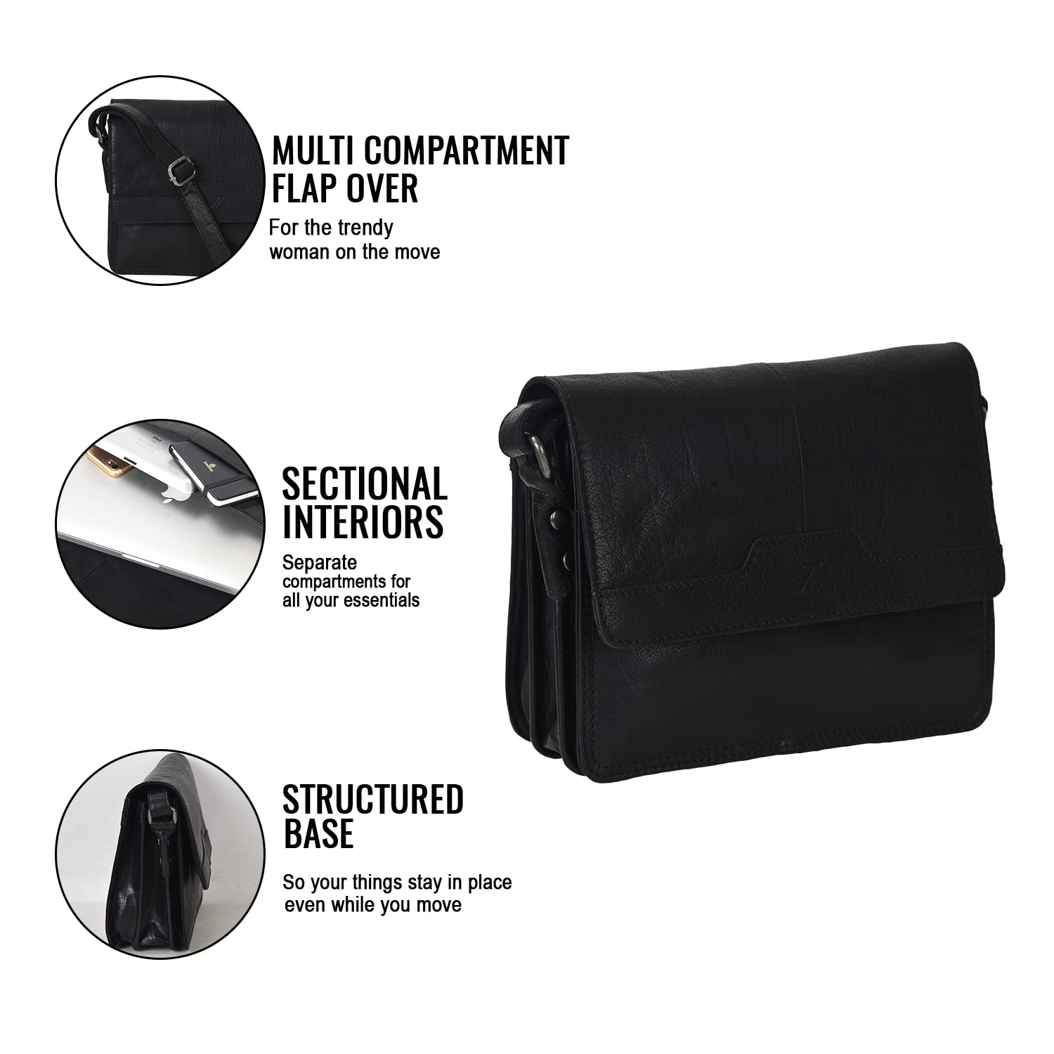 Zinda Genuine Leathers Women’s Handbag Flapover Crossbody Shoulder Sling Multipocket (Ebony)