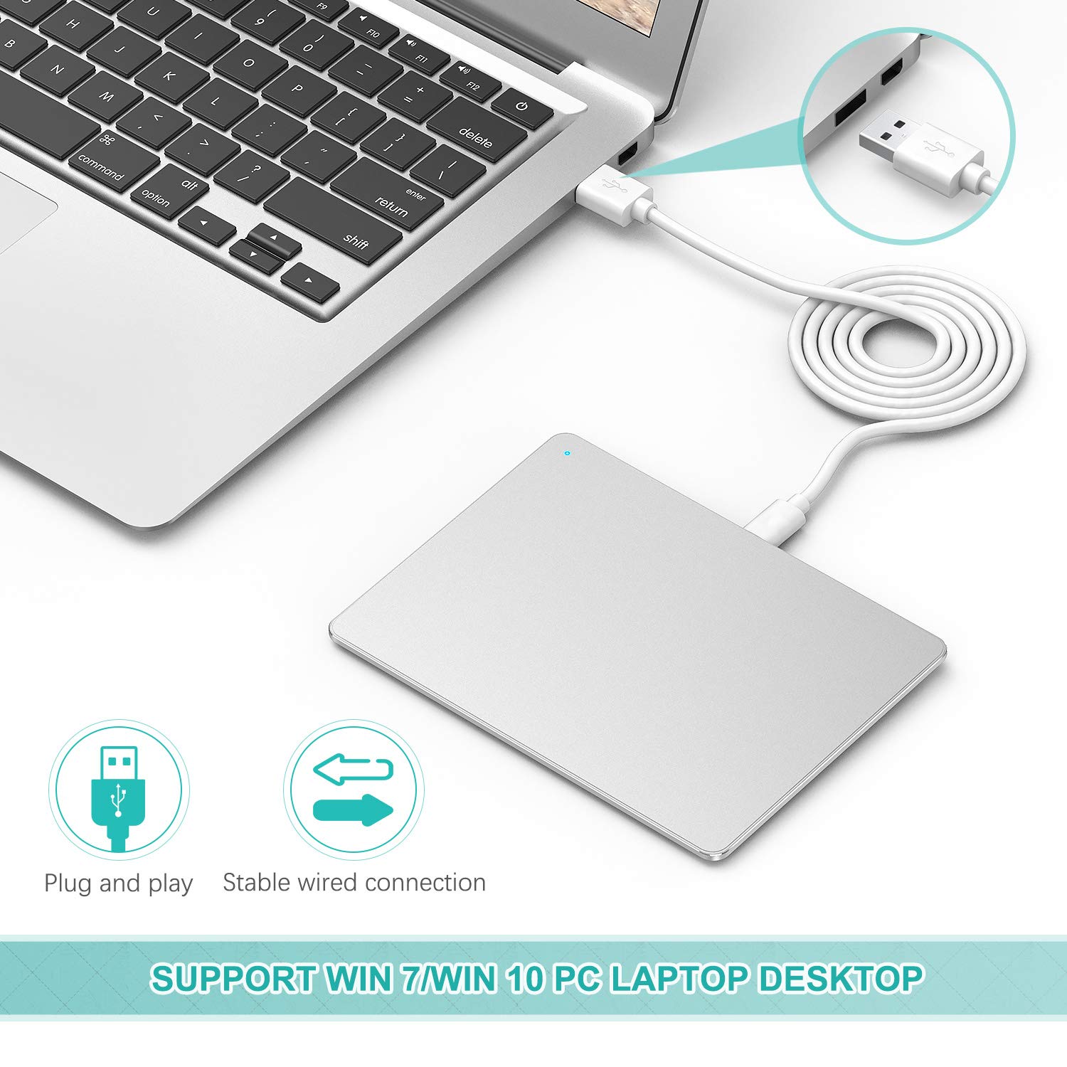 USB Trackpad Touchpad, Ultra Slim Portable Aluminum USB Wired Touchpad with Multi-Touch Navigation for Windows 7/10 PC Laptop Notebook Desktop-T055 (Silver)