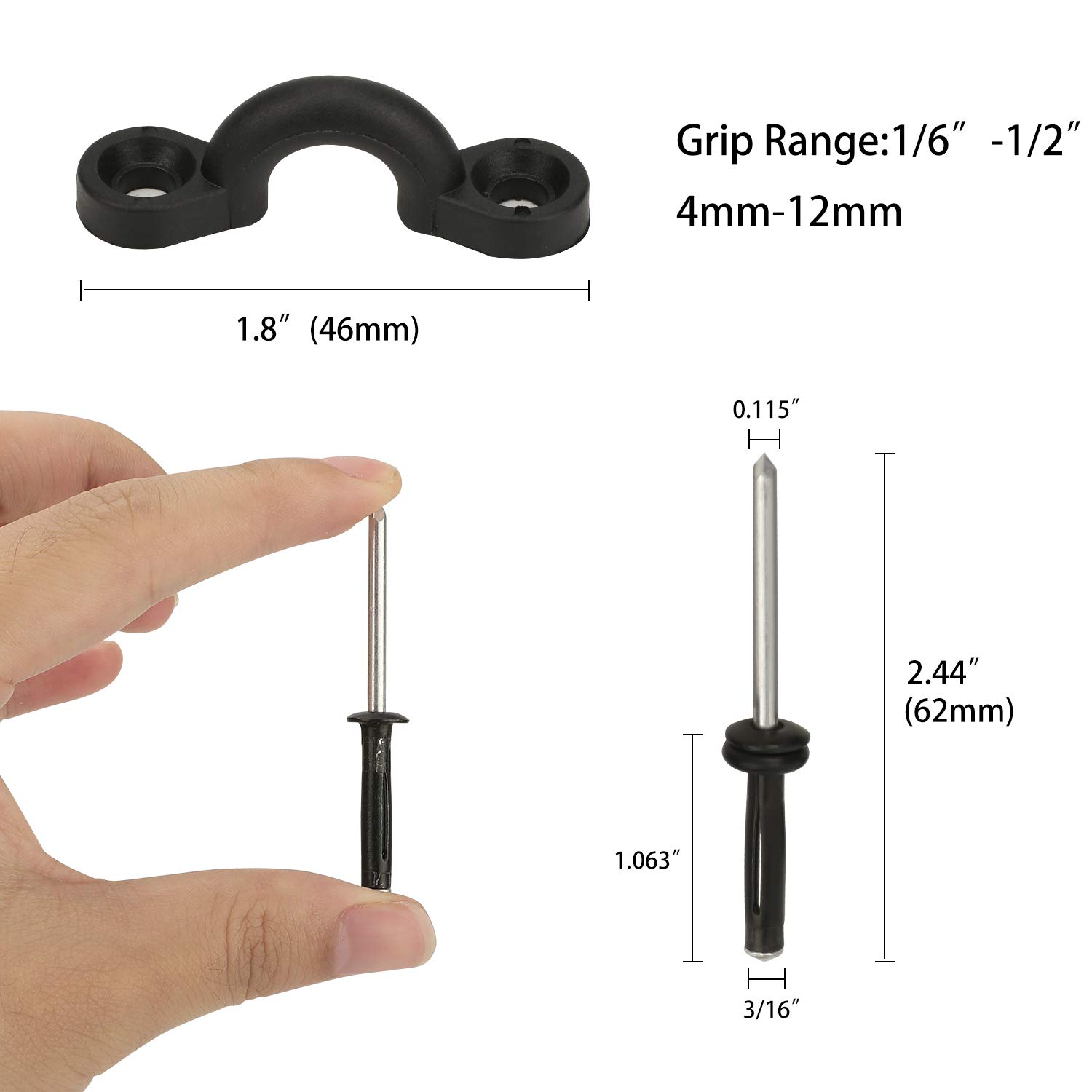 QKURT 10 PCS Kayak Pad Eye Kit, Kayak Nylon Bungee Deck Loop with Rivets Kayak Pad Eye Tri-Grip Rivet Kit for Kayaks (Black)