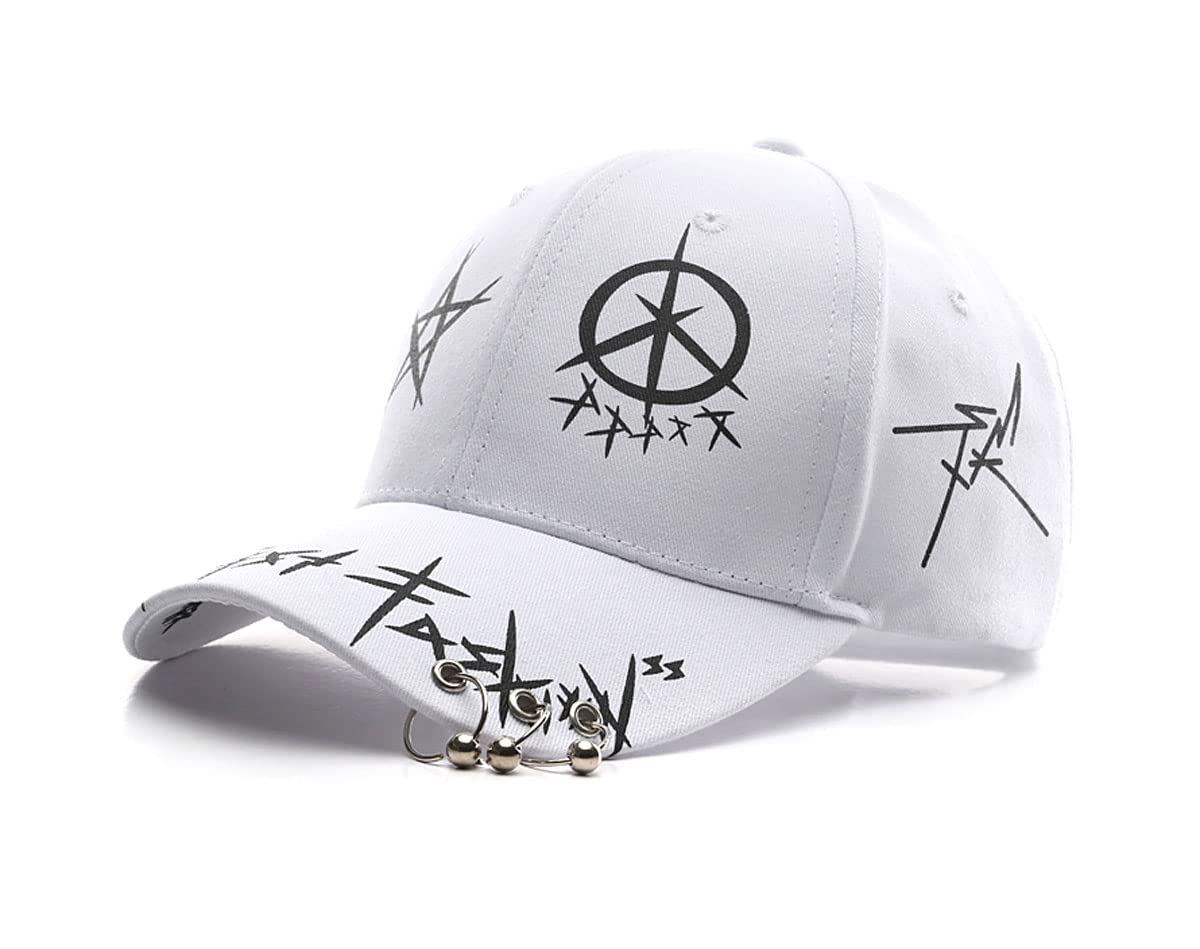 Unisex Graffiti White Baseball Cap, K-pop Boys Outdoor Iron Ring Snapback Hat,Black Hiphop Hat, Dad Hat, Trucker hat for Men Women