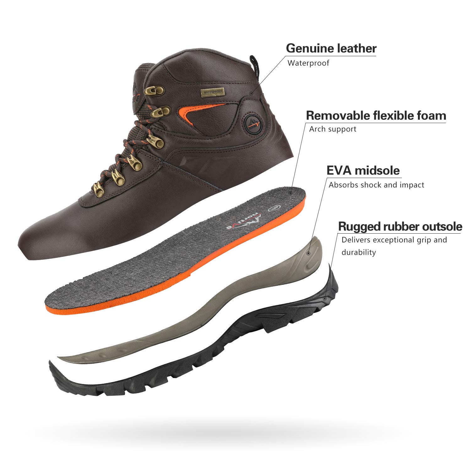 NORTIV 8 Men's Mid Ankle Leather Waterproof Work Boots Outdoor Hiking Boots Brown/Black/Orange Size 10.5 M US 170412