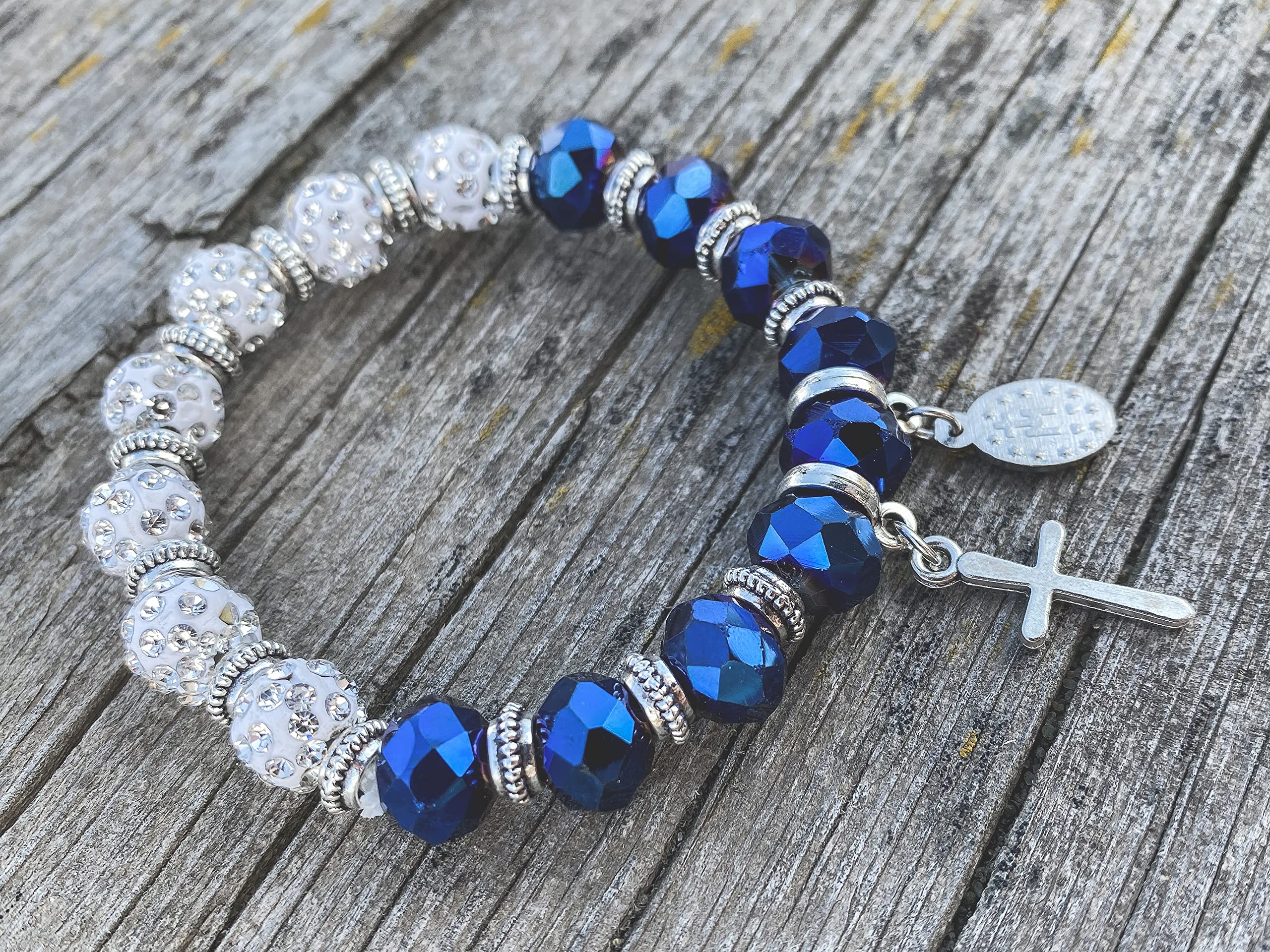 Nazareth Store Women's Beaded Stretch Rosary Bracelet Deep Blue Crystal Beads Bangle Crucifix & Miraculous Medal