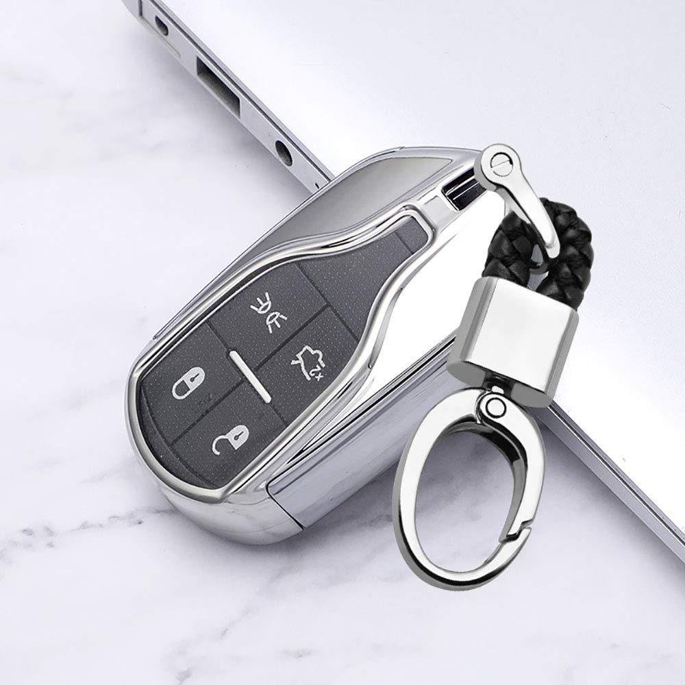 ontto for Maserati Levante GT Quattroporte Ghibli Key Fob Cover Full Protection Soft TPU Keycase Shell Holder with Keychain Keyring Smart Remote Entry Skin Keyless Silver