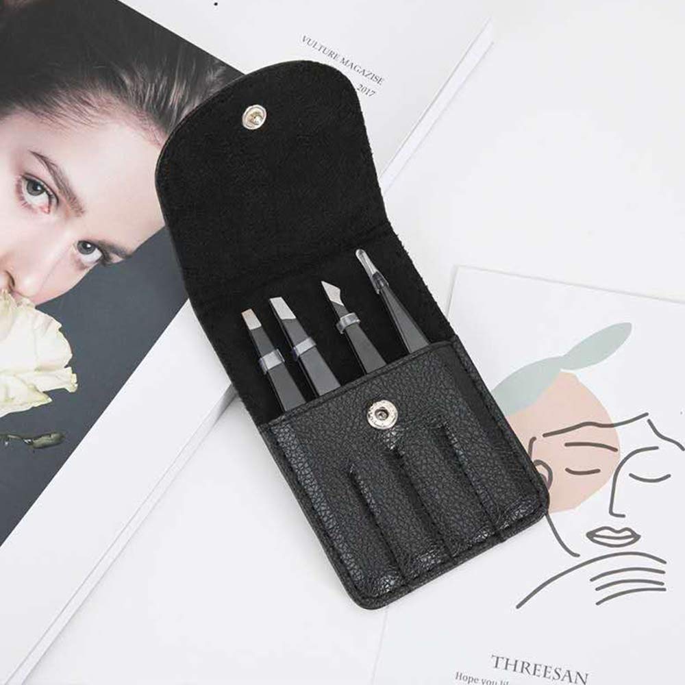 Professional Tweezers Set, ABOLINE 4 Pack Precision Tweezers For Eyebrows,Professional Slant Tip Tweezer Set for Hair Remove with Leather Travel Case(Black)