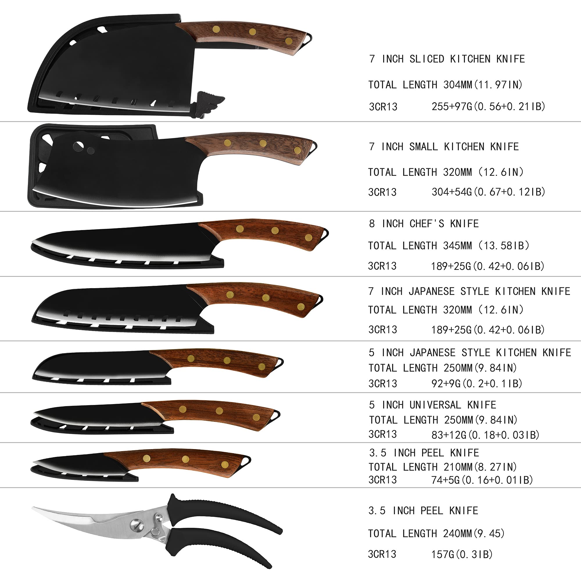 XYJ 7 Piece Knife Set With Sheath Kitchen Large German Stainless Steel Full Tang Cooking Knife Set With Roll Bag Sharpening Stick Whetstone Blade Guard Great Gifts For Chef