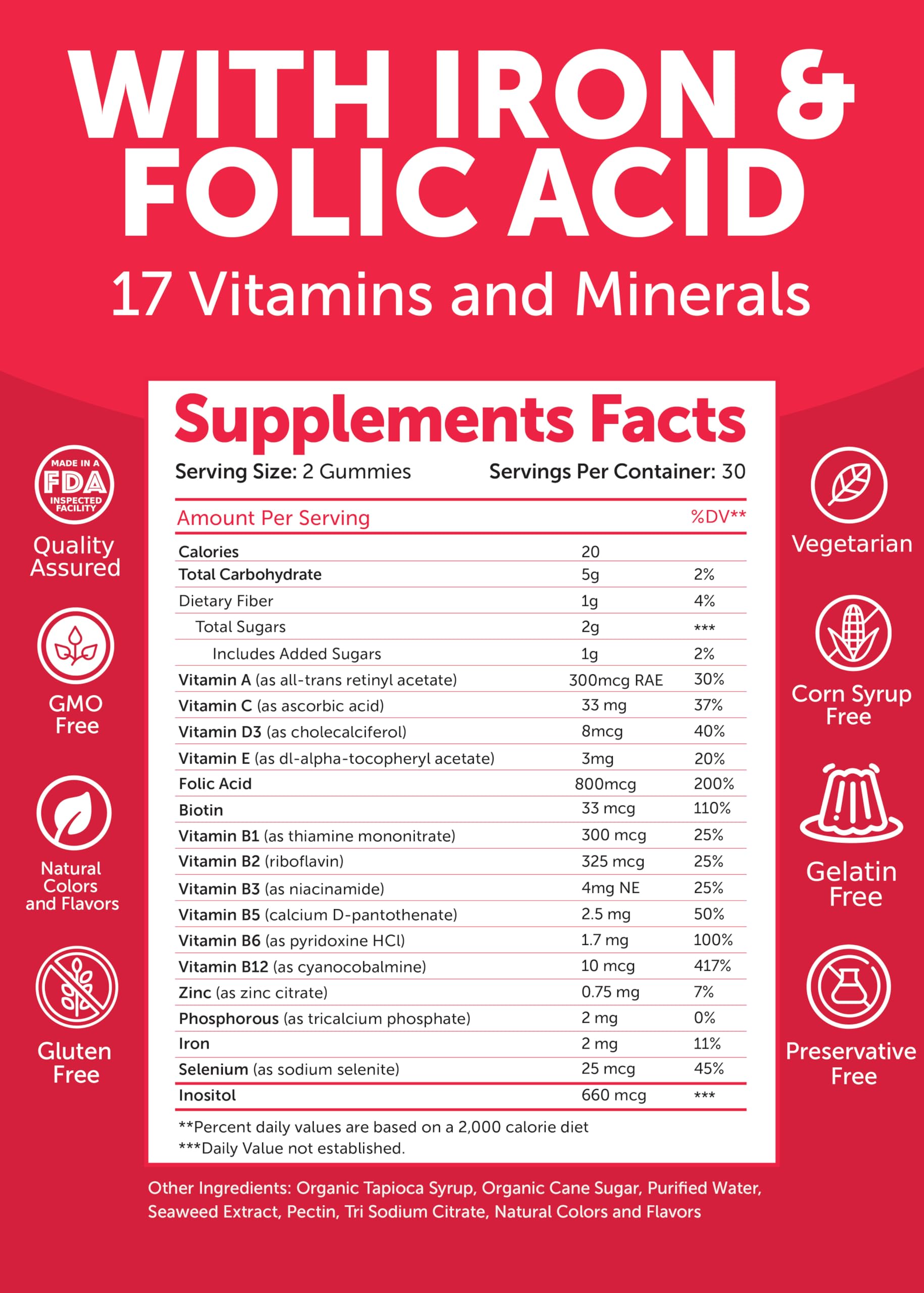 Prenatal Vitamins with Iron & Folic Acid - Proprietary Formula Pregnancy Multivitamin Gummies for Women, 60 Count