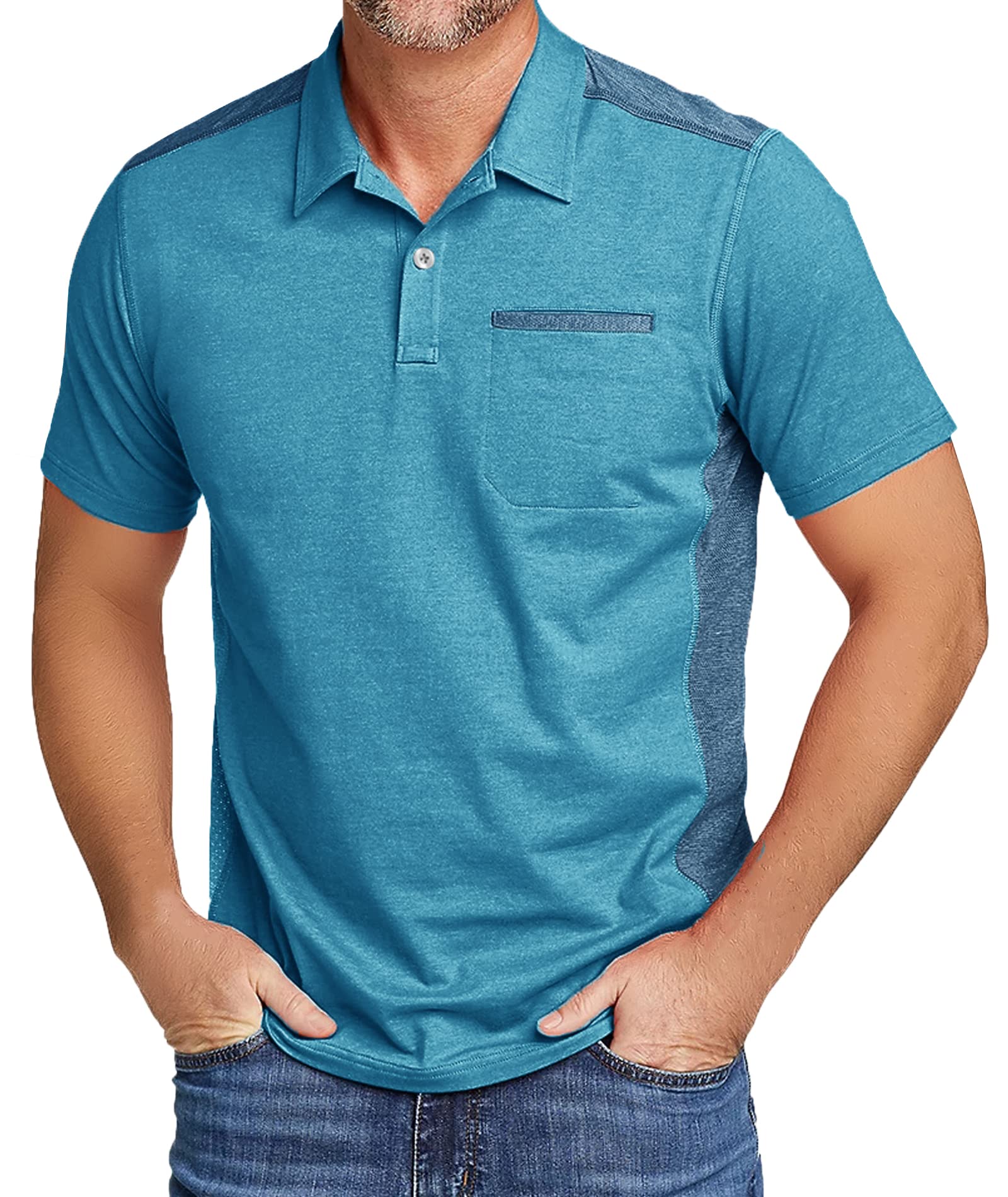 V VALANCH Men's Polo Shirts Sport Casual Short Sleeve Golf Polo Moisture Wicking Collared Tennis T-Shirt Aque Blue L