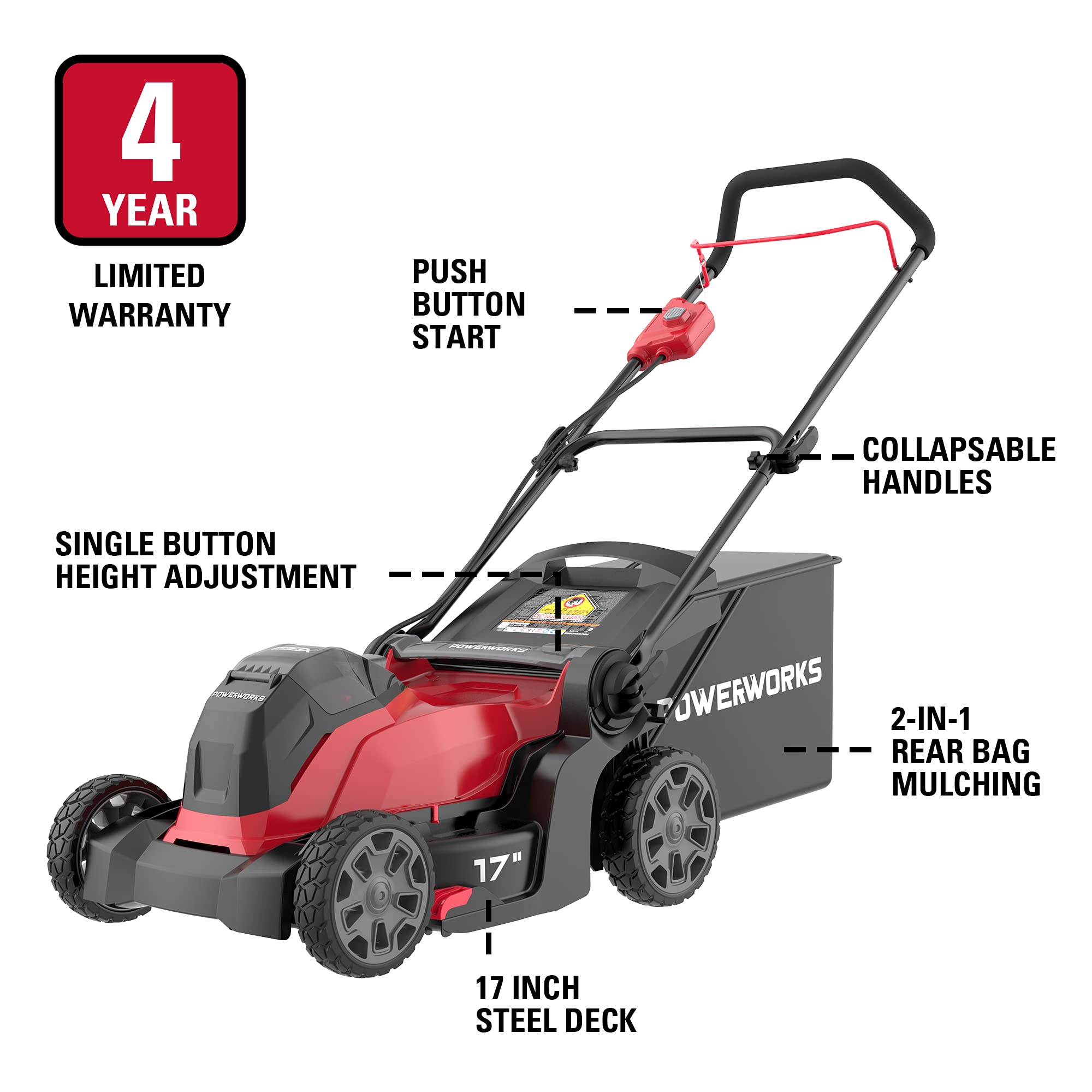 Powerworks 40V 17 inch Cordless Lawn Mower with 4.0 Ah Battery and Charger Included