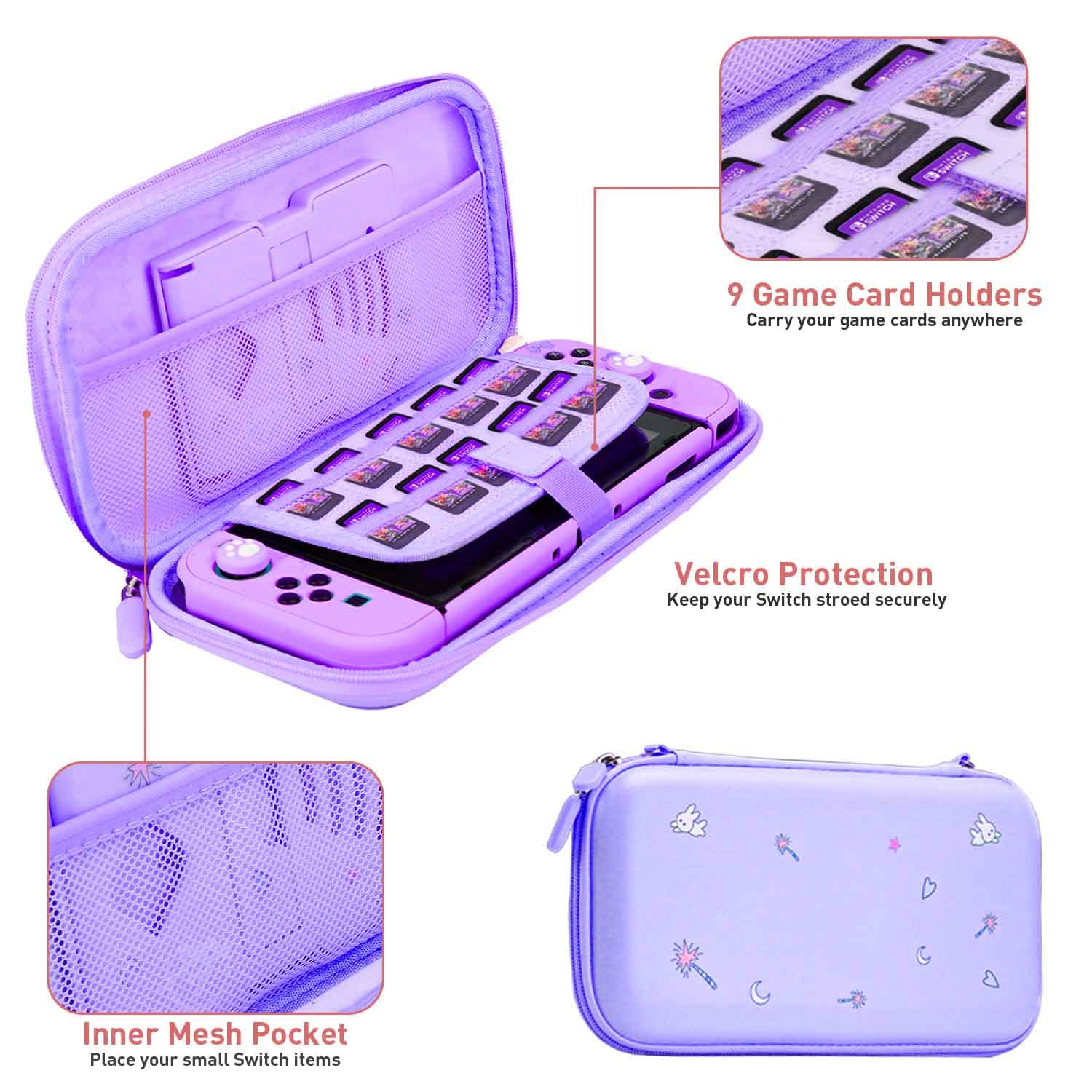 YOOWA Cute Switch Carrying Case for Nintendo Switch - Purple 4 in 1 NS Carry Case Bundle for Girls with Dockable Cover Case, Game Card Case and Kawaii Playstand - Accessories Set for Nintnedo Switch