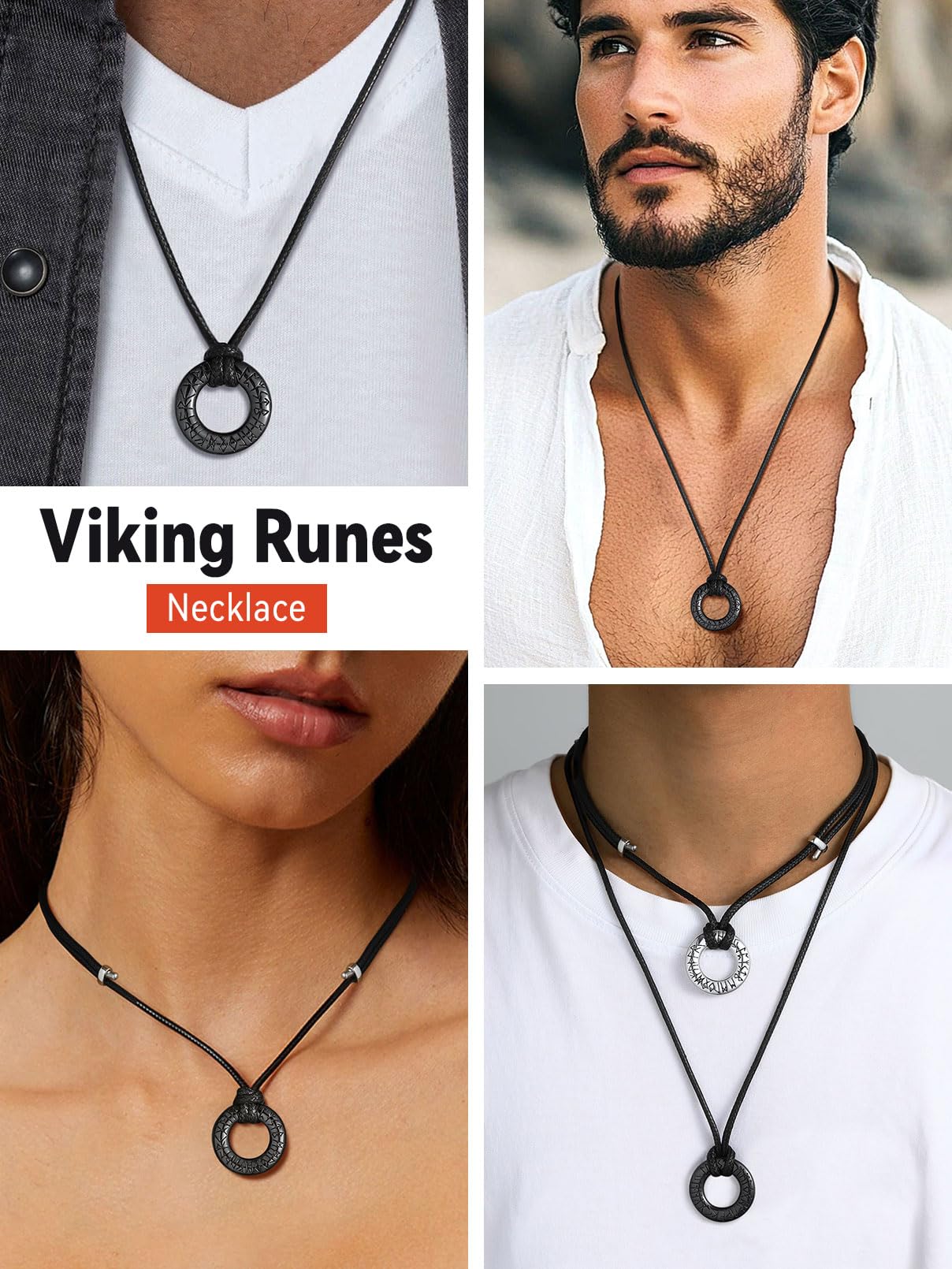 Viking Runes Necklace with Leather Neck Chains Black Stainless Steel Nordic Mythology Rune Charms