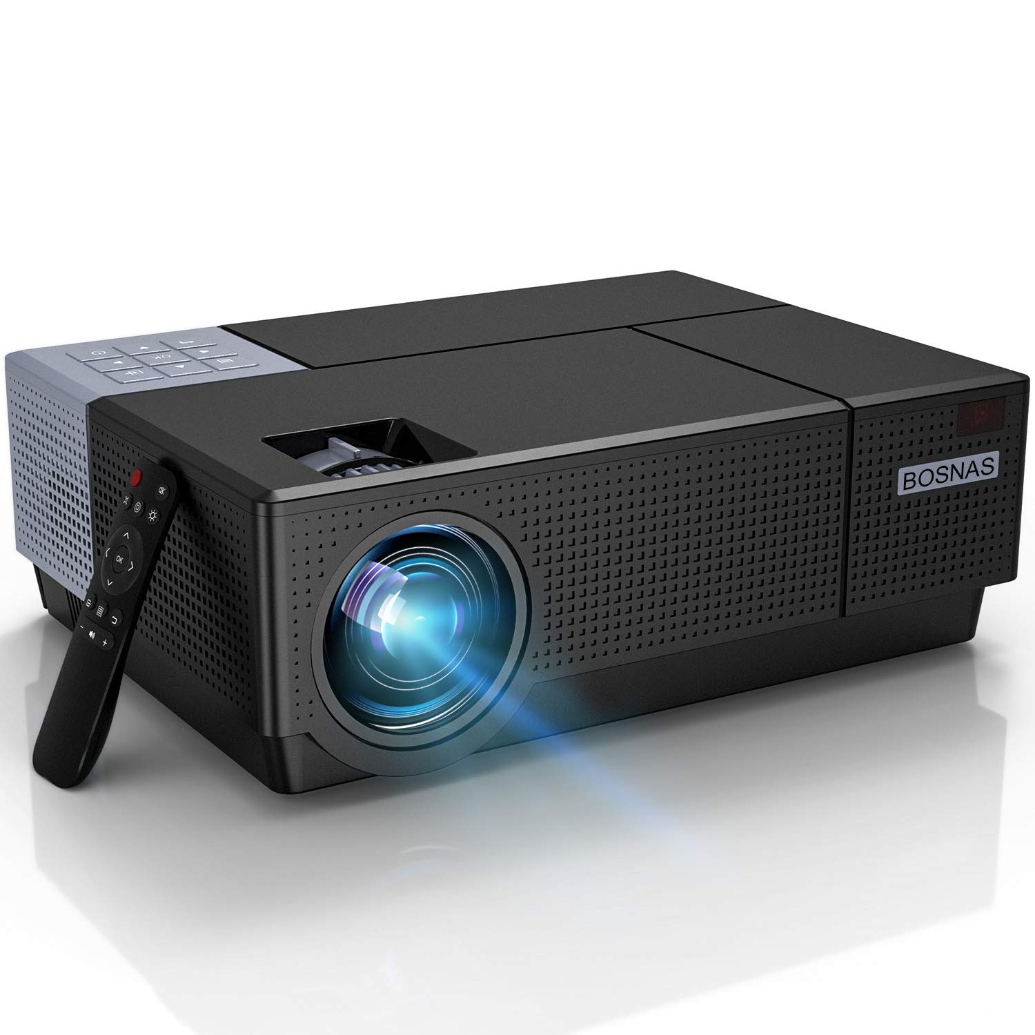 Projector, BOSNAS 8000 Lux Home Video Projectors, 1920×1080P, Support 300" Screen Playing with Hi-Fi Speakers and 4-D Keystone Correction, Compatible with TV Stick/Phone/Laptop/DVD Player/PS4