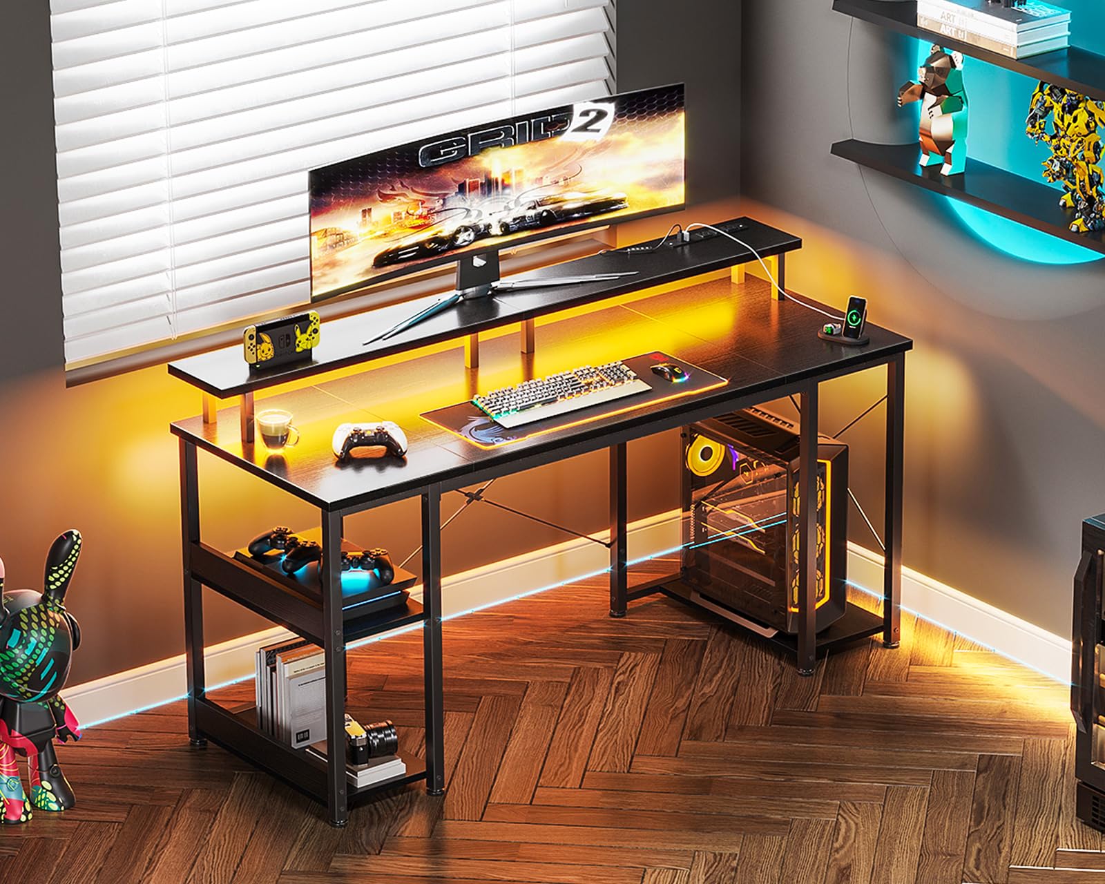 ODK 55 inch Gaming Desk with LED Lights & Power Outlets, Computer Desk with Monitor Stand & Storage Sheves, CPU Stand, Home Office Desk, Black